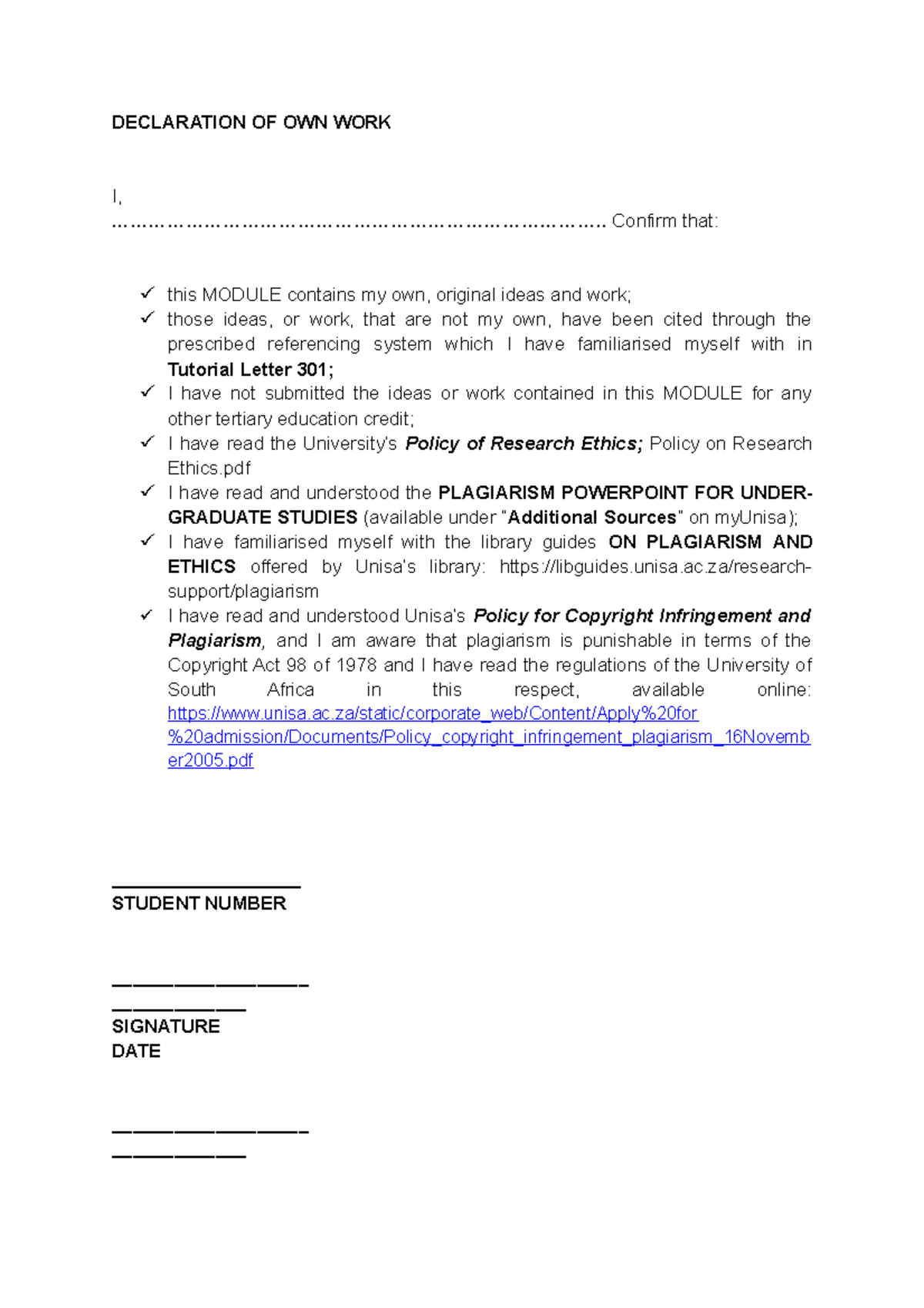 DPR2603 Assignment 02 - DECLARATION OF OWN WORK I, - Studocu