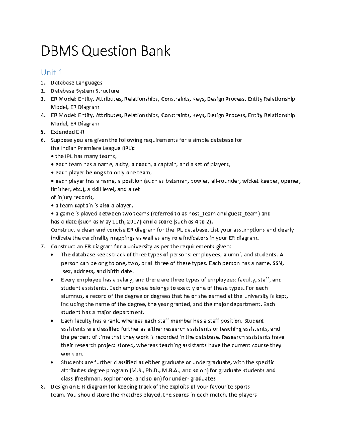 Question Bank of DBMS - DBMS Question Bank Unit 1 Database Languages Database System Structure ...