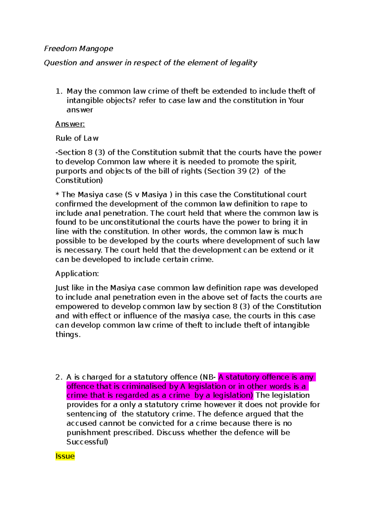 Criminal Law Practice material for revision - Freedom Mangope Question ...