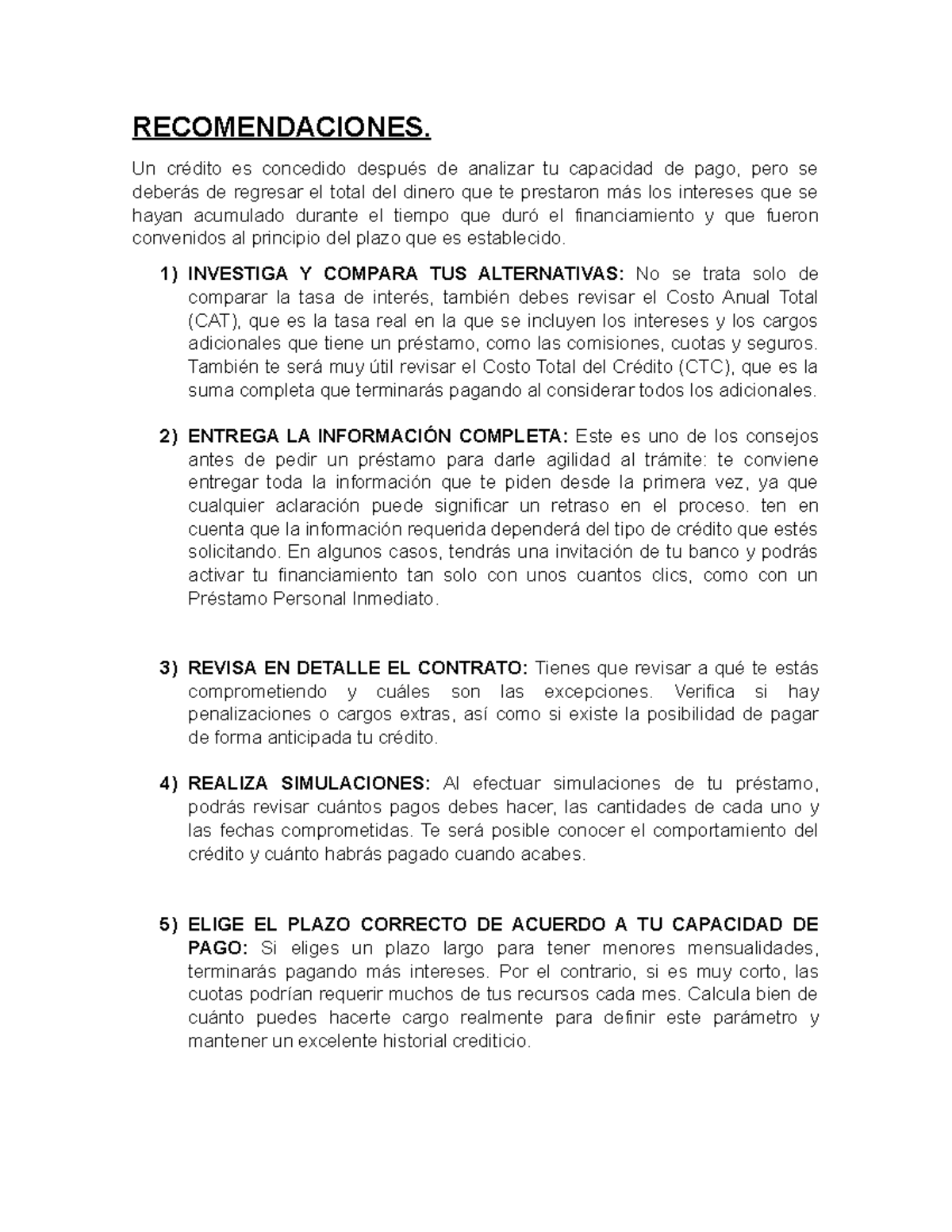 Recomendaciones - Apuntes de la clase de Bancario 1 - RECOMENDACIONES ...