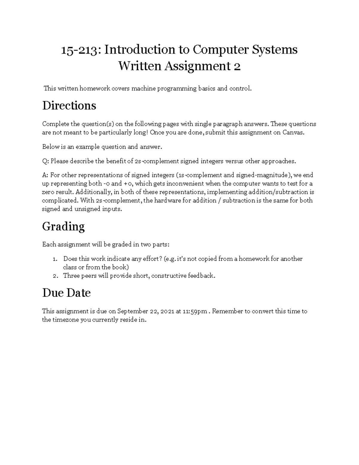 Written Assignment 2 F21 V3 ans - 15-213: Introduction to Computer ...