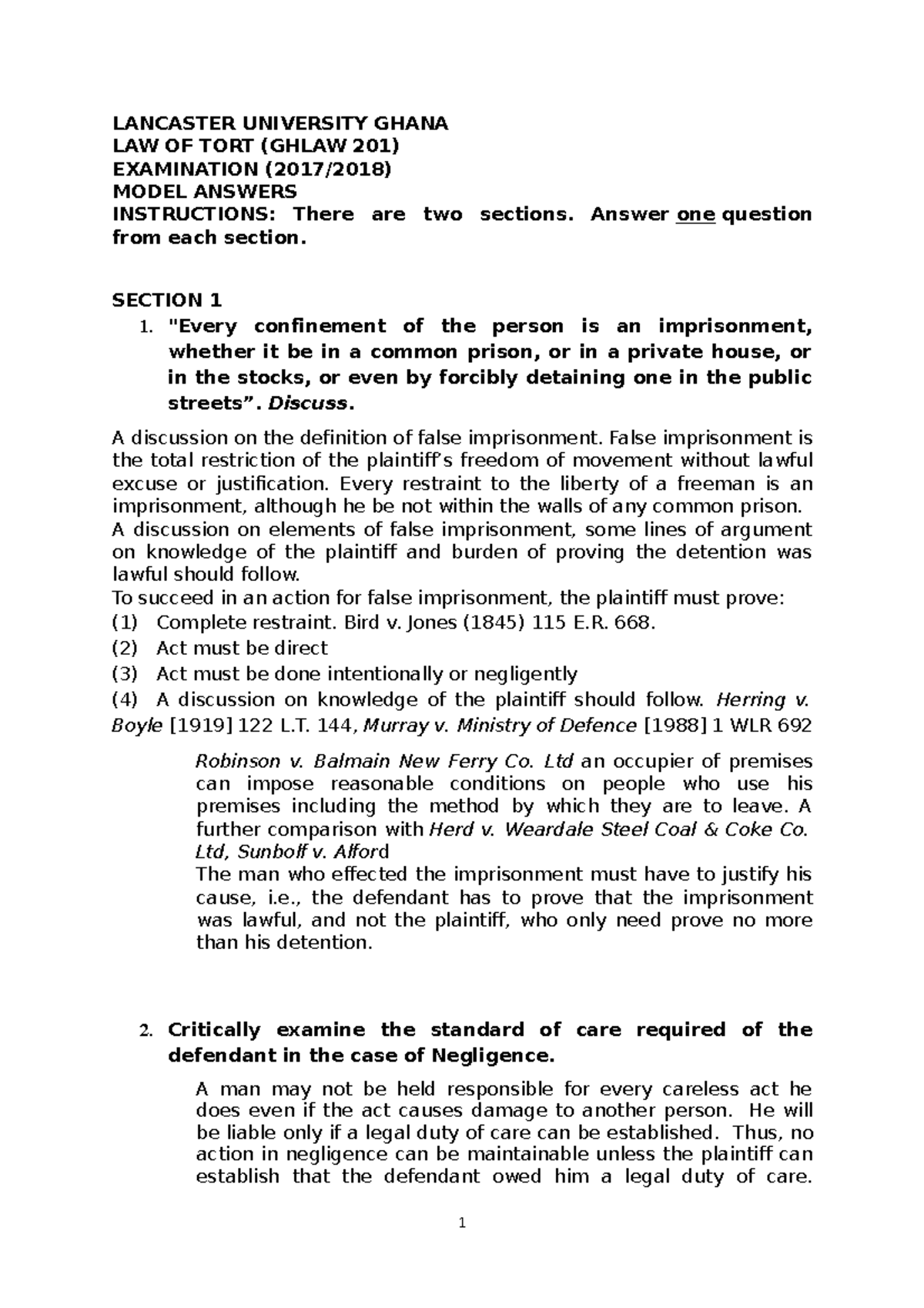 2018 LAW OF Torts EXAM Model Answers - LANCASTER UNIVERSITY GHANA LAW ...