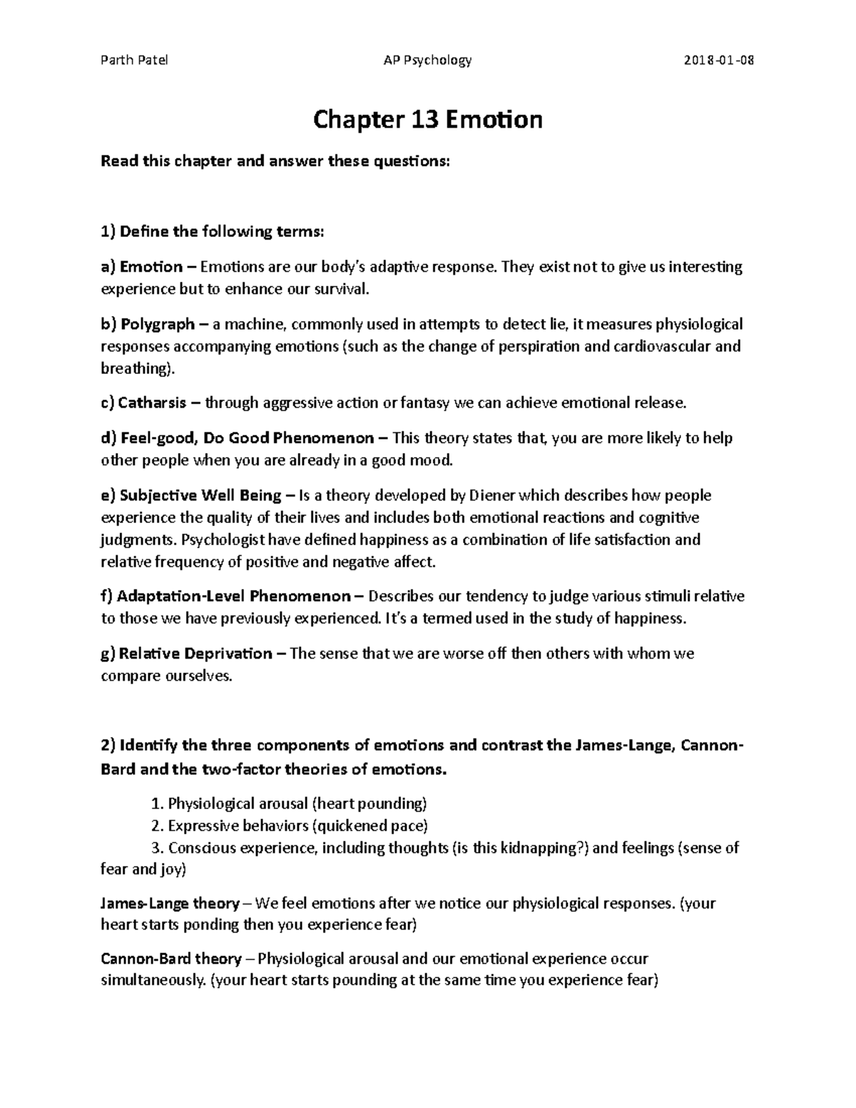 Chapter 13 Emotion - Psychology - Parth Patel AP Psychology 2018-01 ...