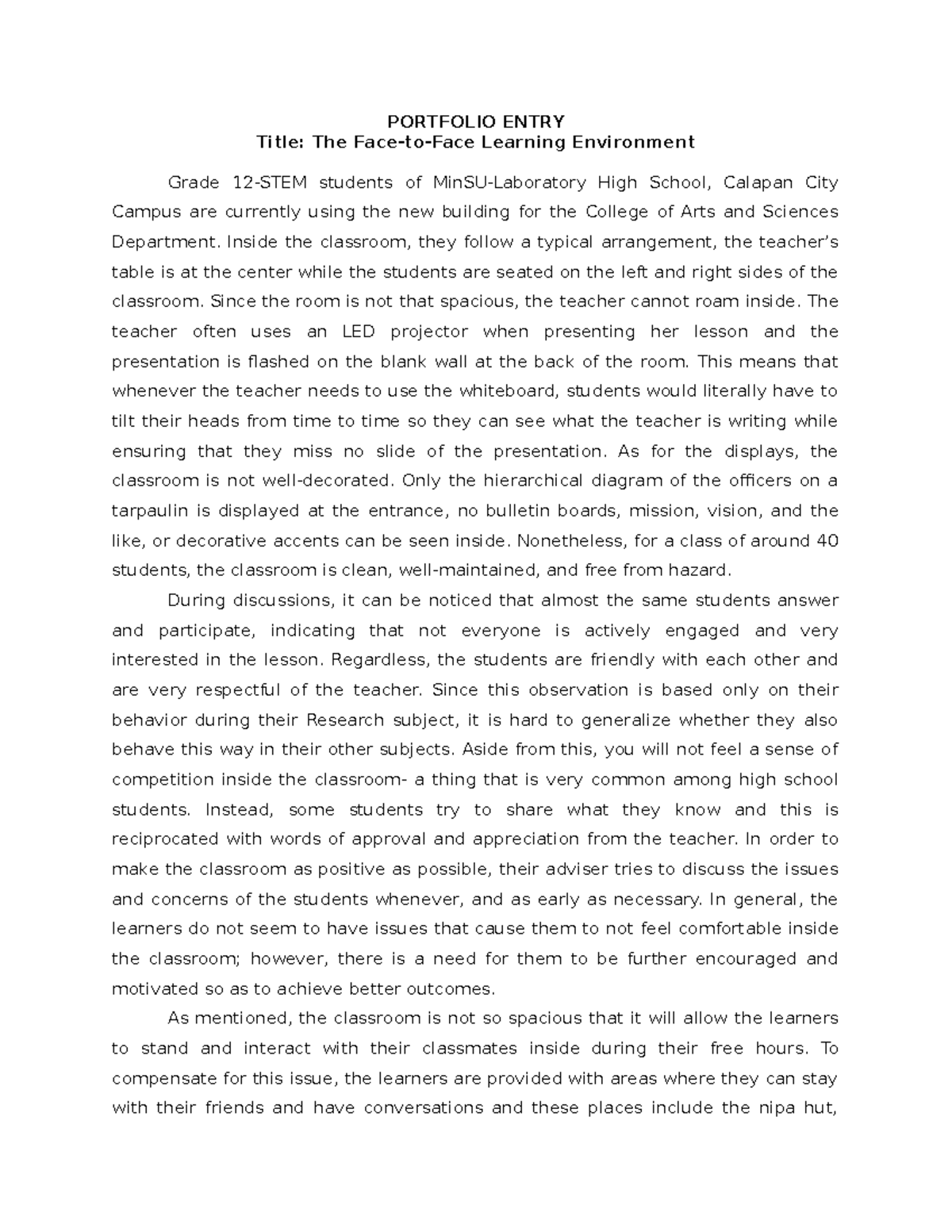 Portfolion Entry - Field Study Observation Report - PORTFOLIO ENTRY ...