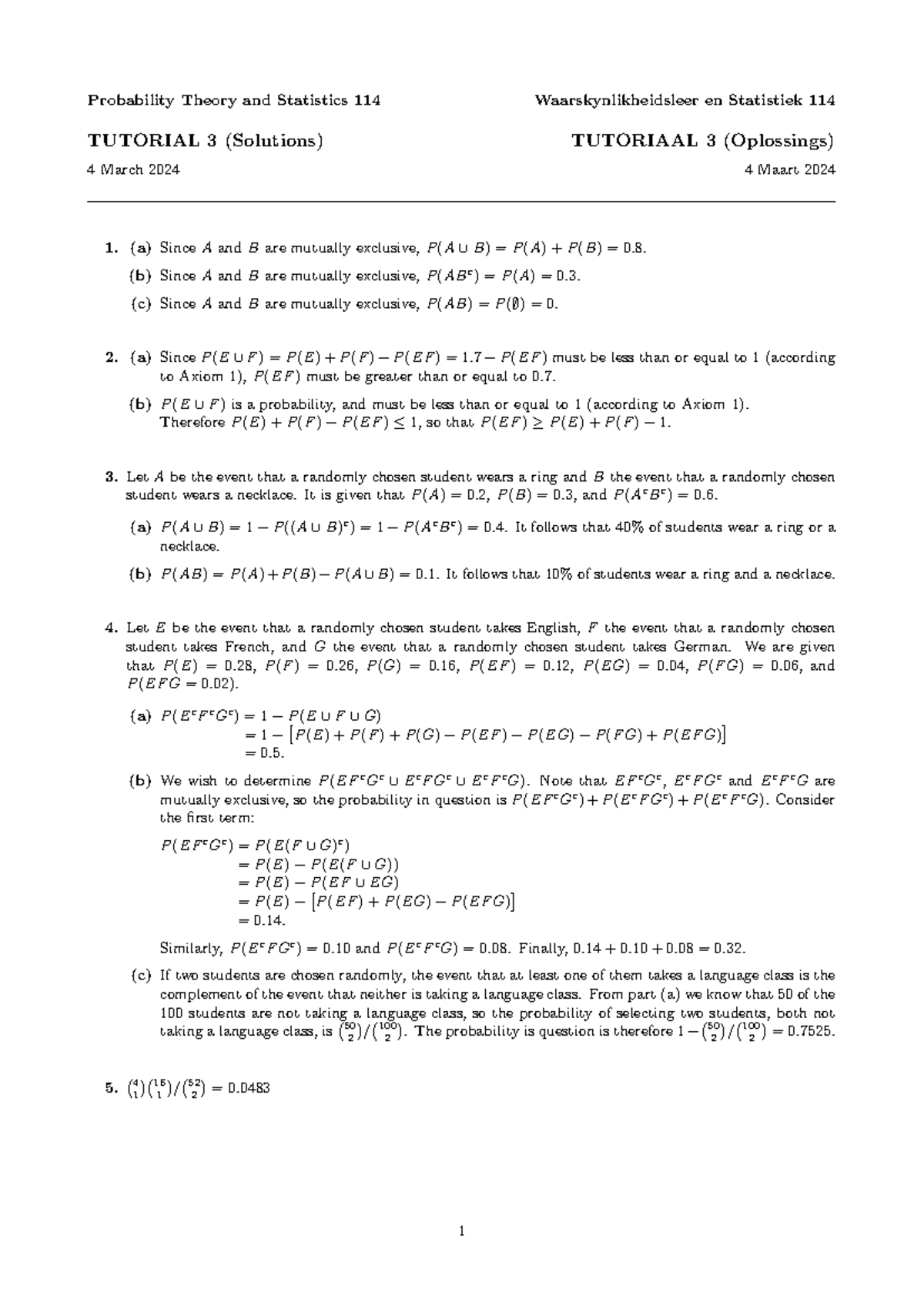 Tut-03-memo - Probability Theory and Statistics 114 Waarskynlikheidsleer en Statistiek 114 ...