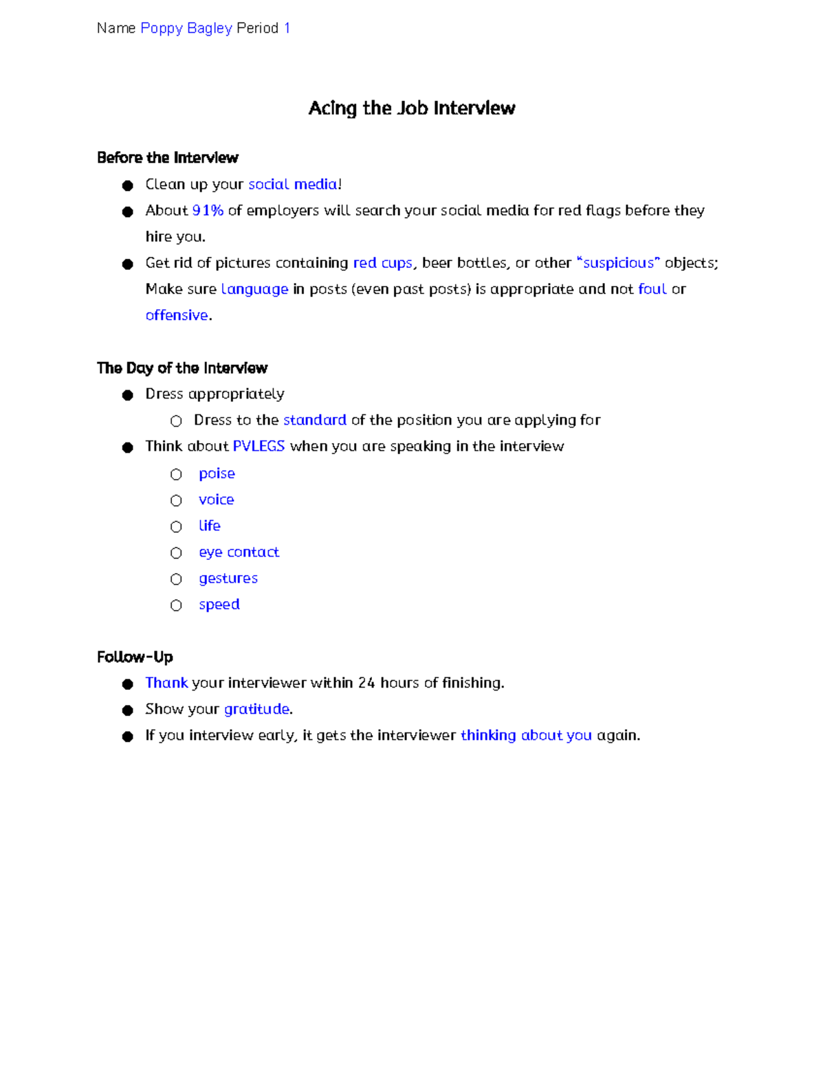 Acing the Interview Notes - Name Poppy Bagley Period 1 Acing the Job ...