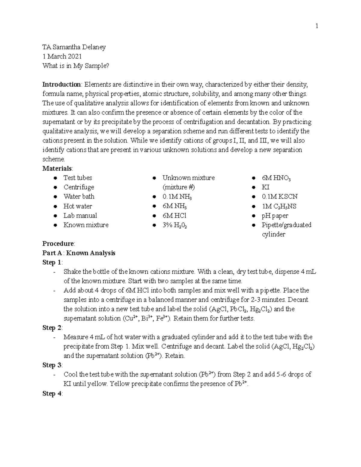 CHEM 106-06 LAB 4 - Lab report - TA Samantha Delaney 1 March 2021 What ...