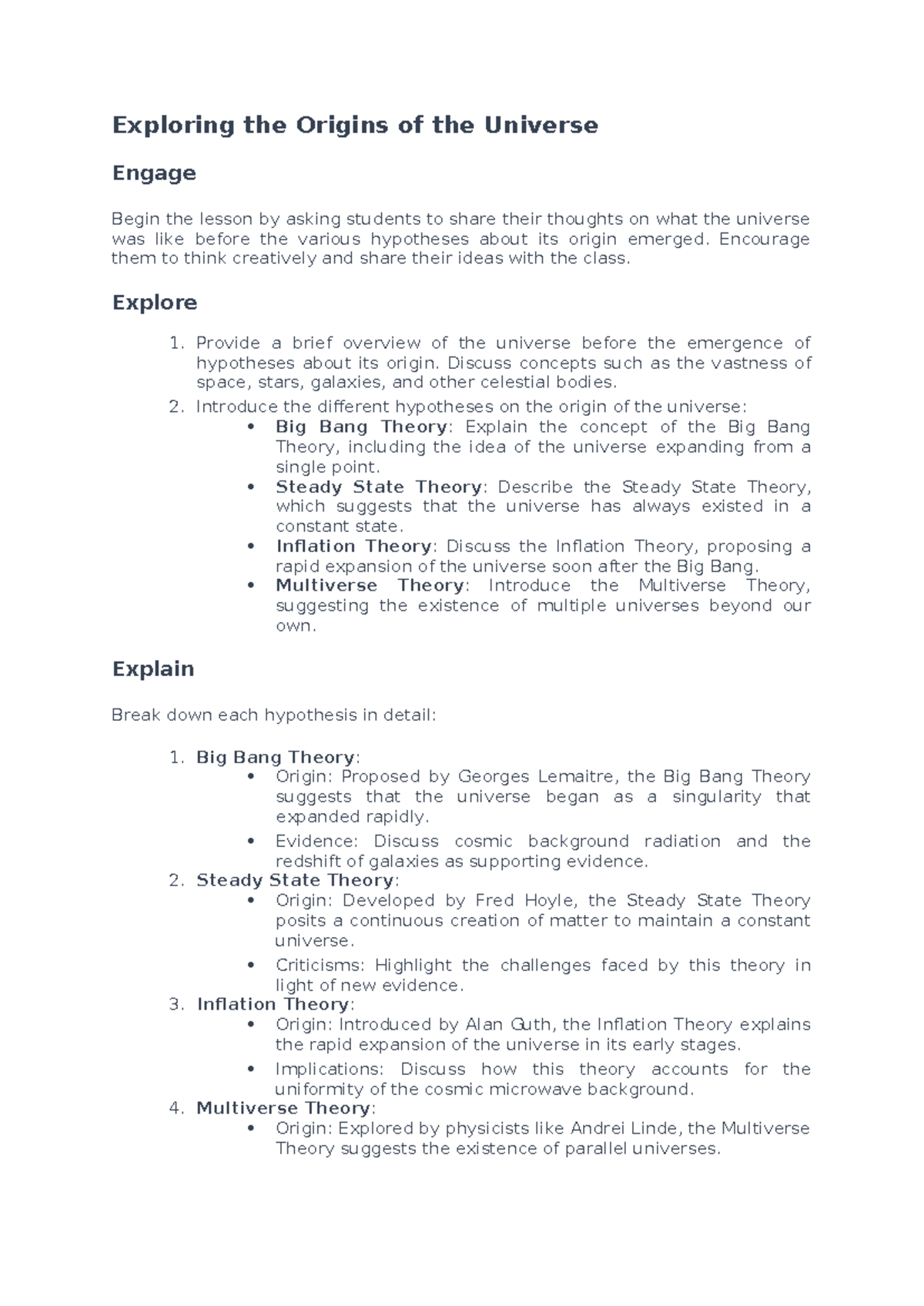 5E Lesson Plans - Exploring the Origins of the Universe Engage Begin ...