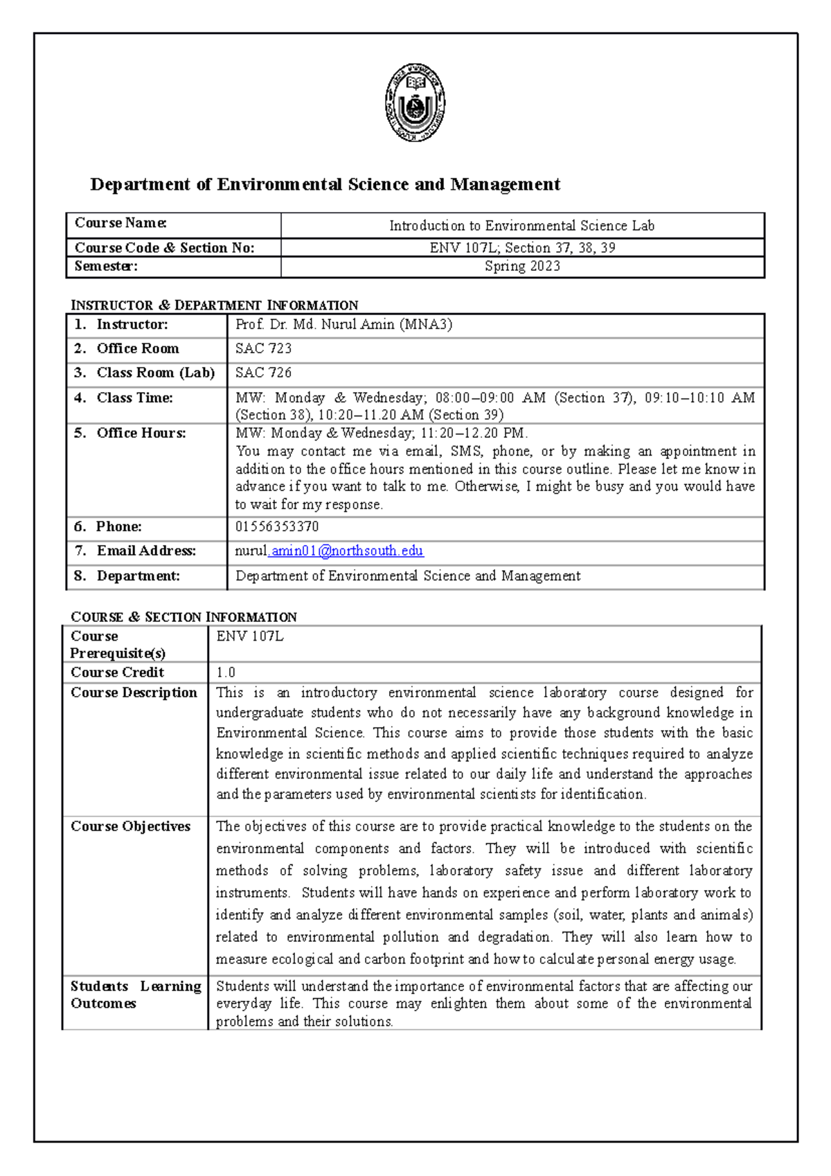 Course Outline ENV 107L Spring 2023 MW - Department of Environmental Science and Management ...