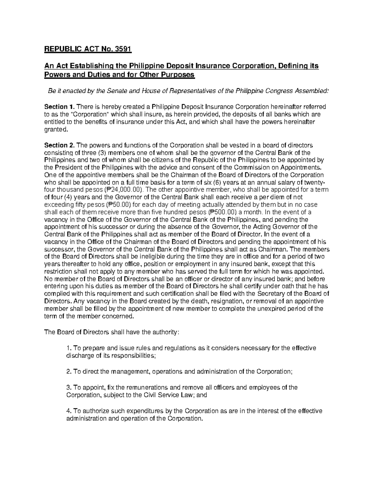 RA 3591 - PDIC Law as amended by RA 9576 - REPUBLIC ACT No. 3591 An Act ...