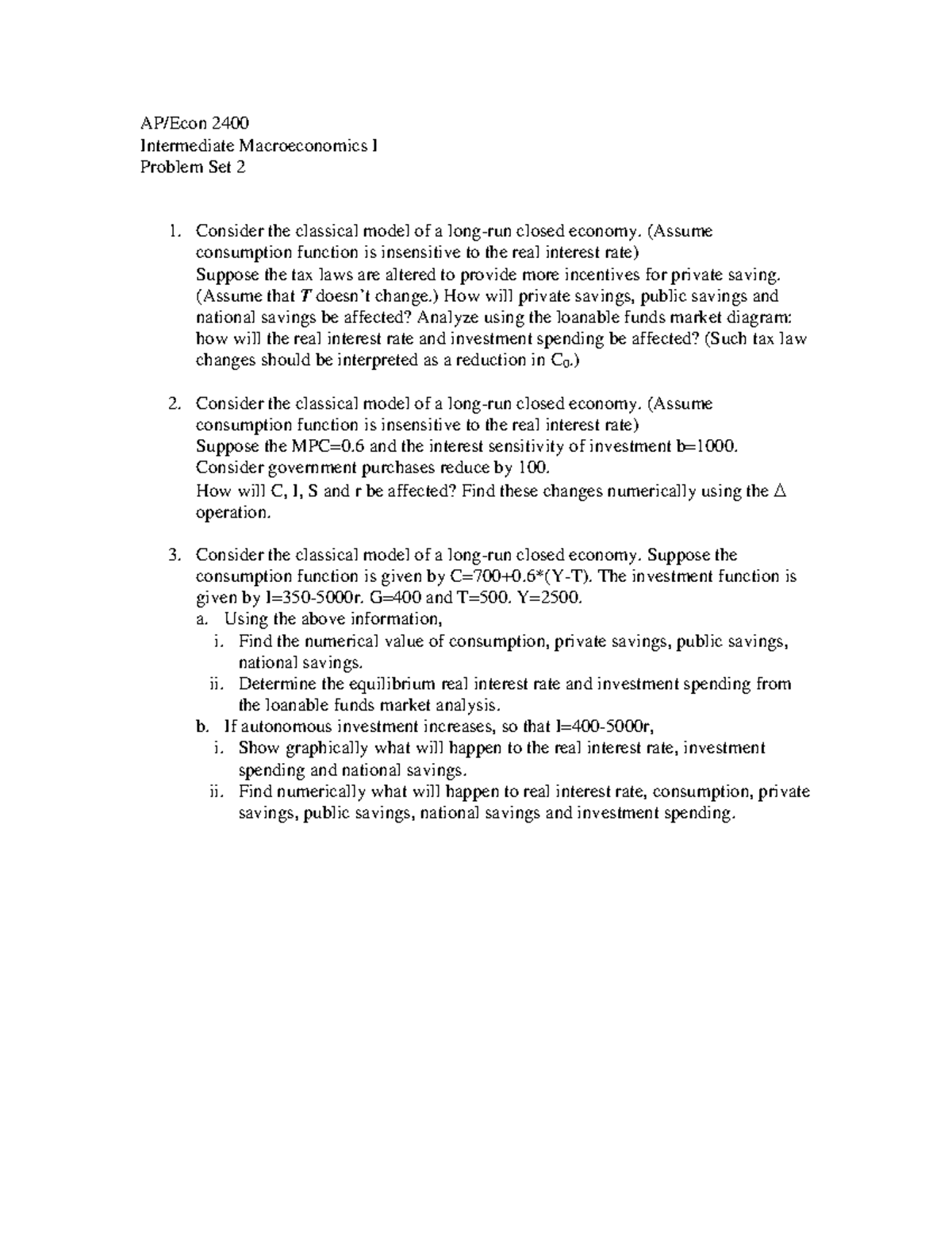 Practice Problem Set 2 for Ch 3 - AP/Econ 2400 Intermediate ...