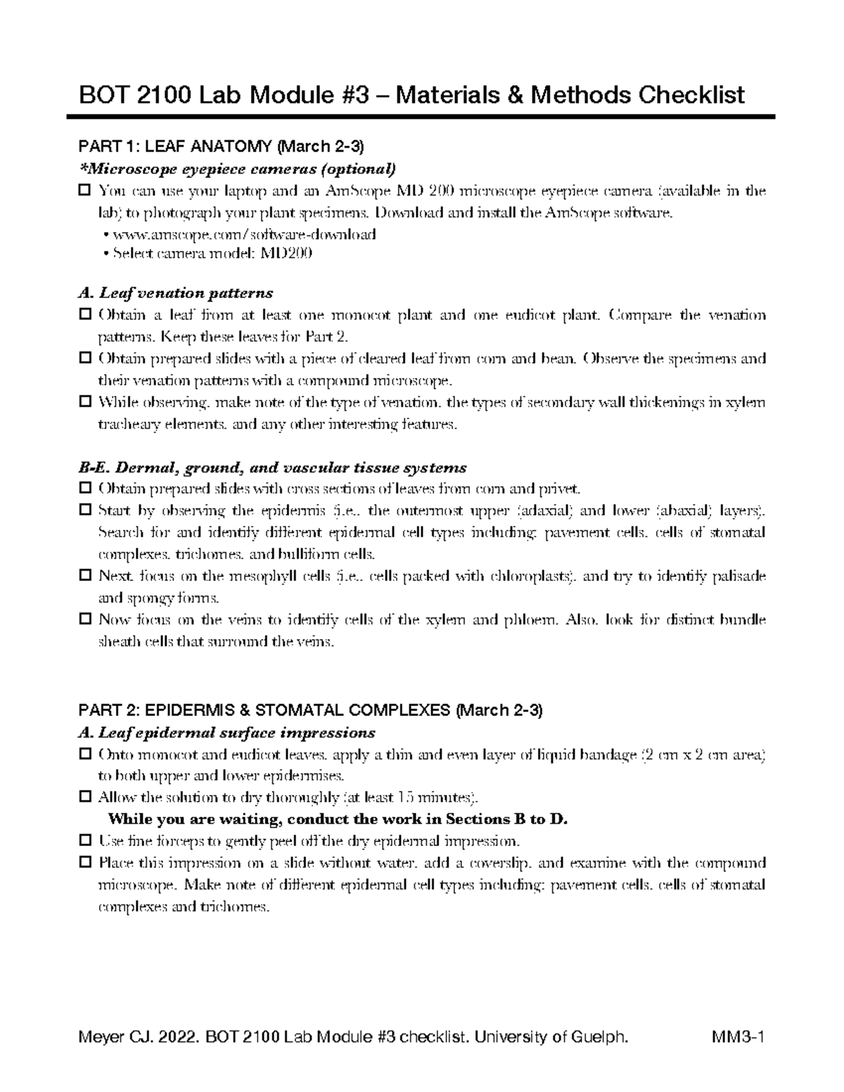 BOT 2100 Lab Module 3 method checklist - BOT 2100 Lab Module #3 – Materials & Methods Checklist ...