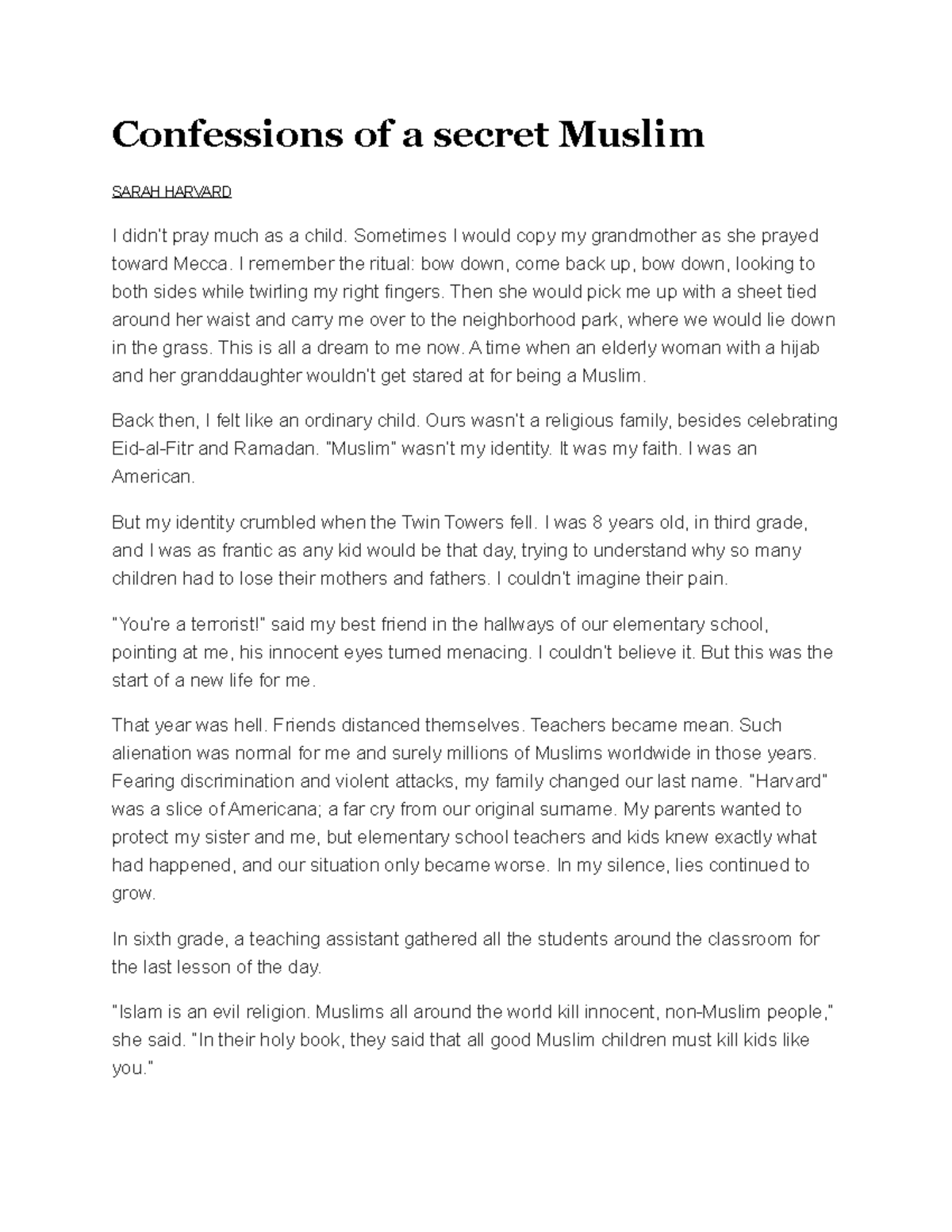 Personal Essay 4 - Confessions of a secret Muslim SARAH HARVARD I didn ...