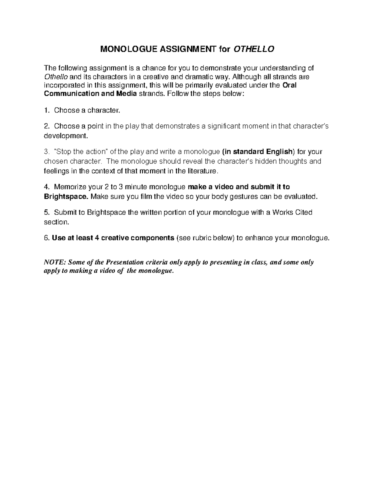 Monologue Assignment for Othello - Studocu