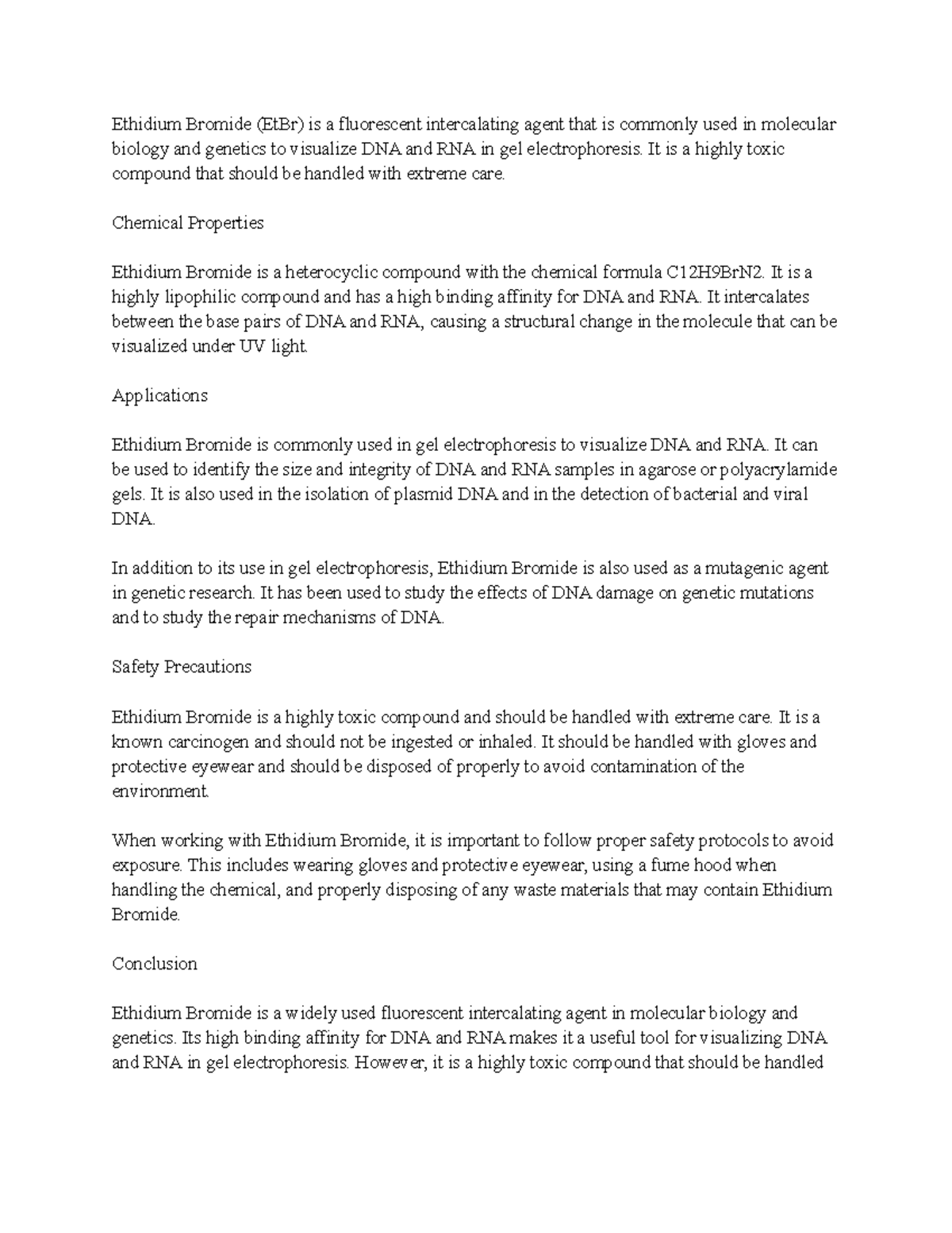 Ethidium Bromide notes - Ethidium Bromide (EtBr) is a fluorescent ...