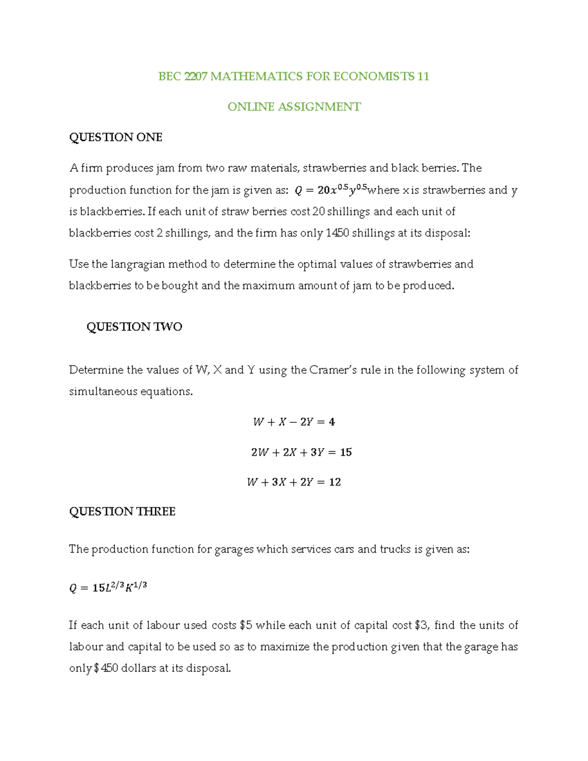 BEC 2207 Mathematics FOR Economists 11 Assignment - BEC 2207 MATHEMATICS FOR ECONOMISTS 11 ...