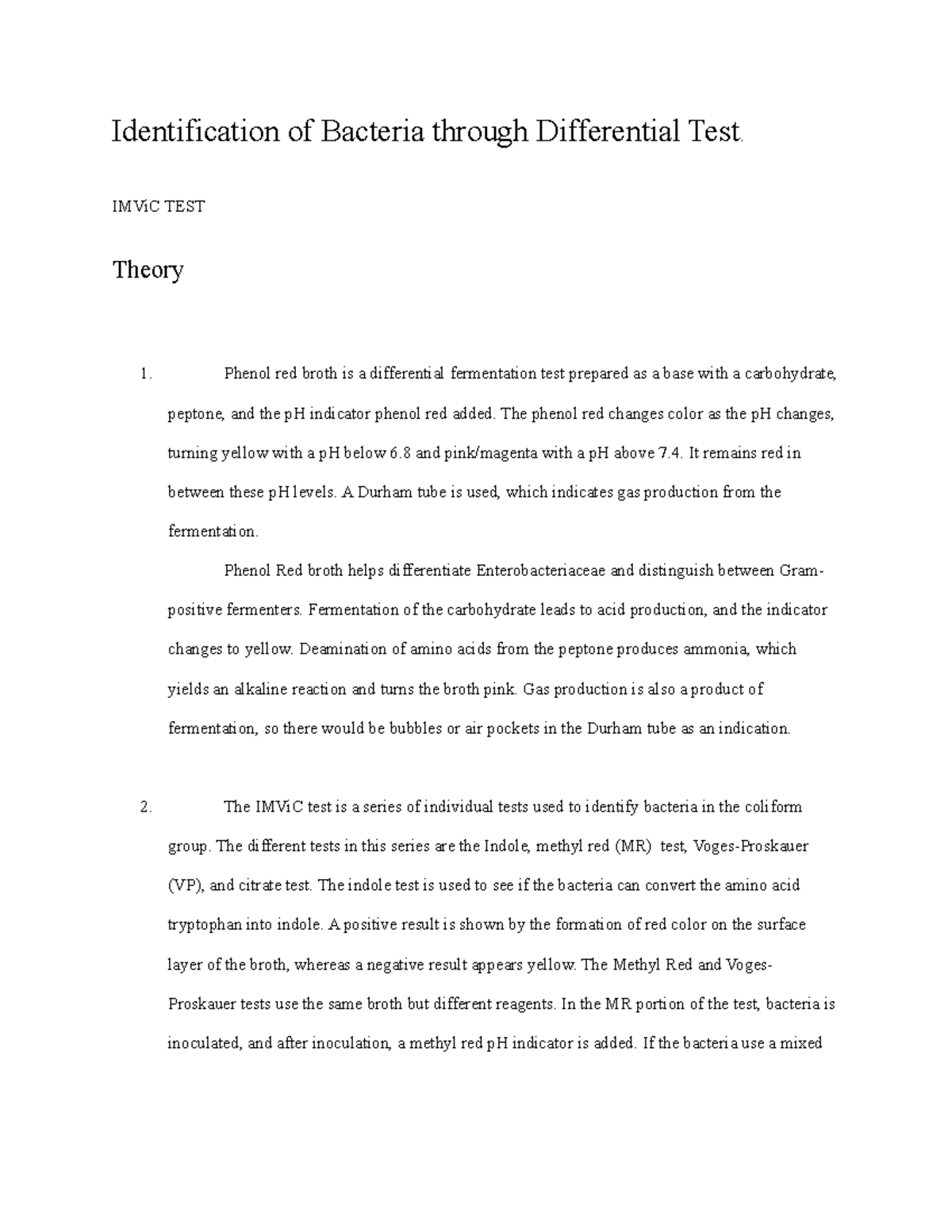 IMVi C Test Theory - Lab notes - Identification of Bacteria through ...