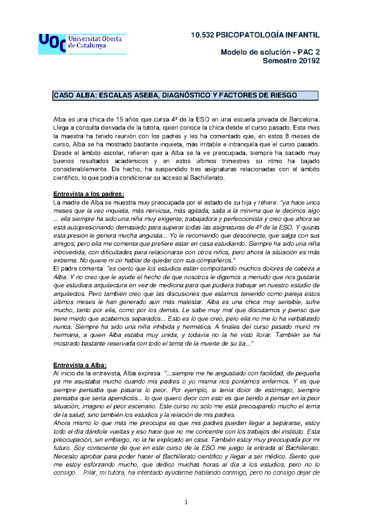 PEC 2 Psicopatologia Infantil abril 2020 modelo de solucion - Warning: TT: undefined function ...