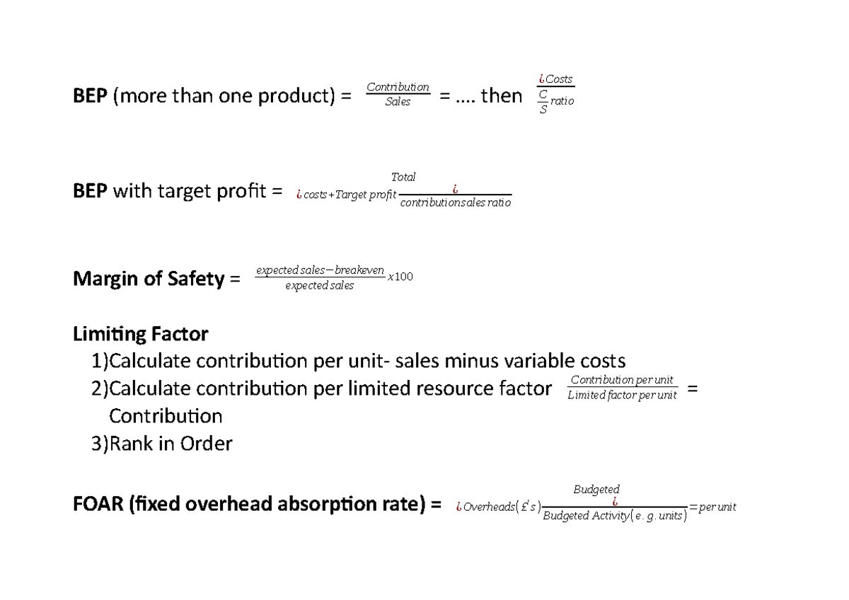 Formula Poster BEP more Than One Product Contribution Sales