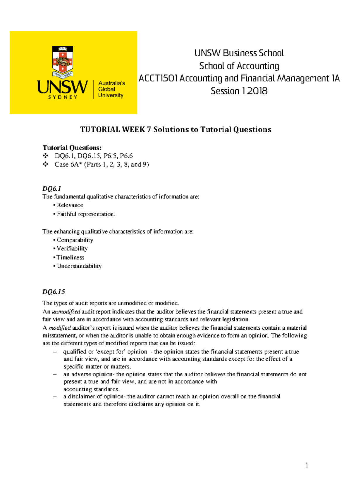 TQ Ans Wk7 2018 S1 - TQ Ans Wk72018 S1 - TUTORIAL WEEK 7 Solutions to Tutorial Questions ...