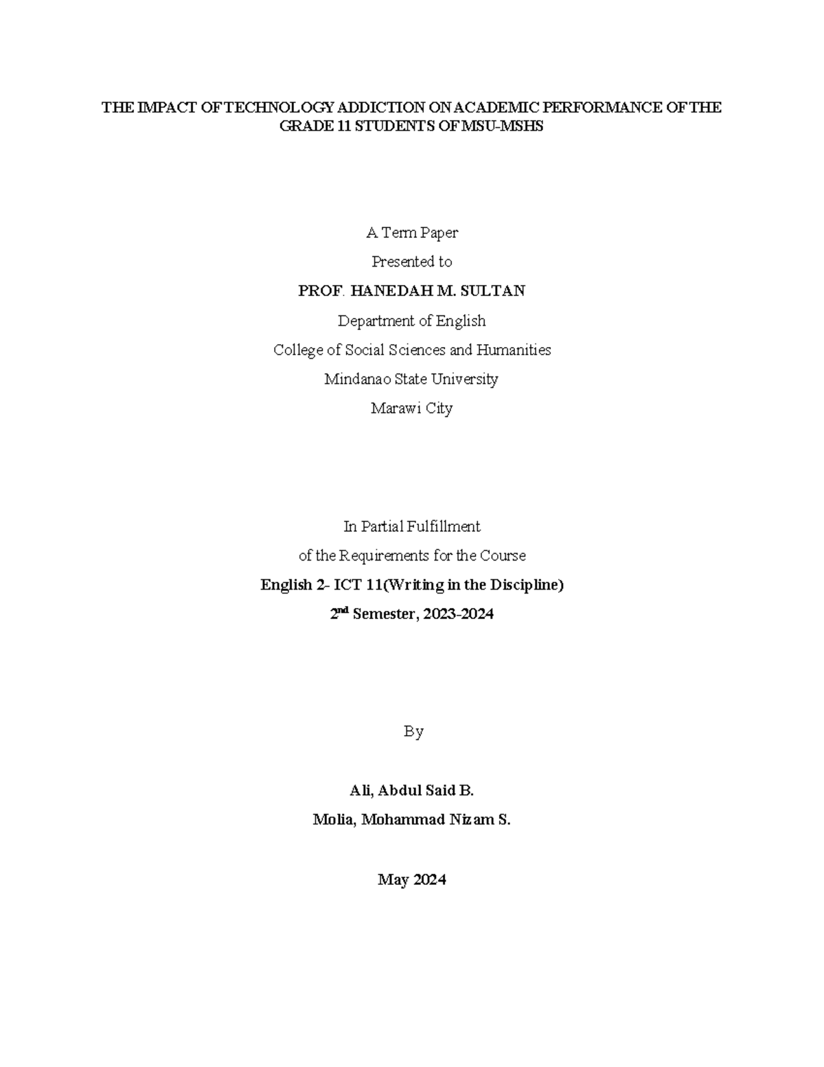 Final Draft TERM Paper - goos - THE IMPACT OF TECHNOLOGY ADDICTION ON ...