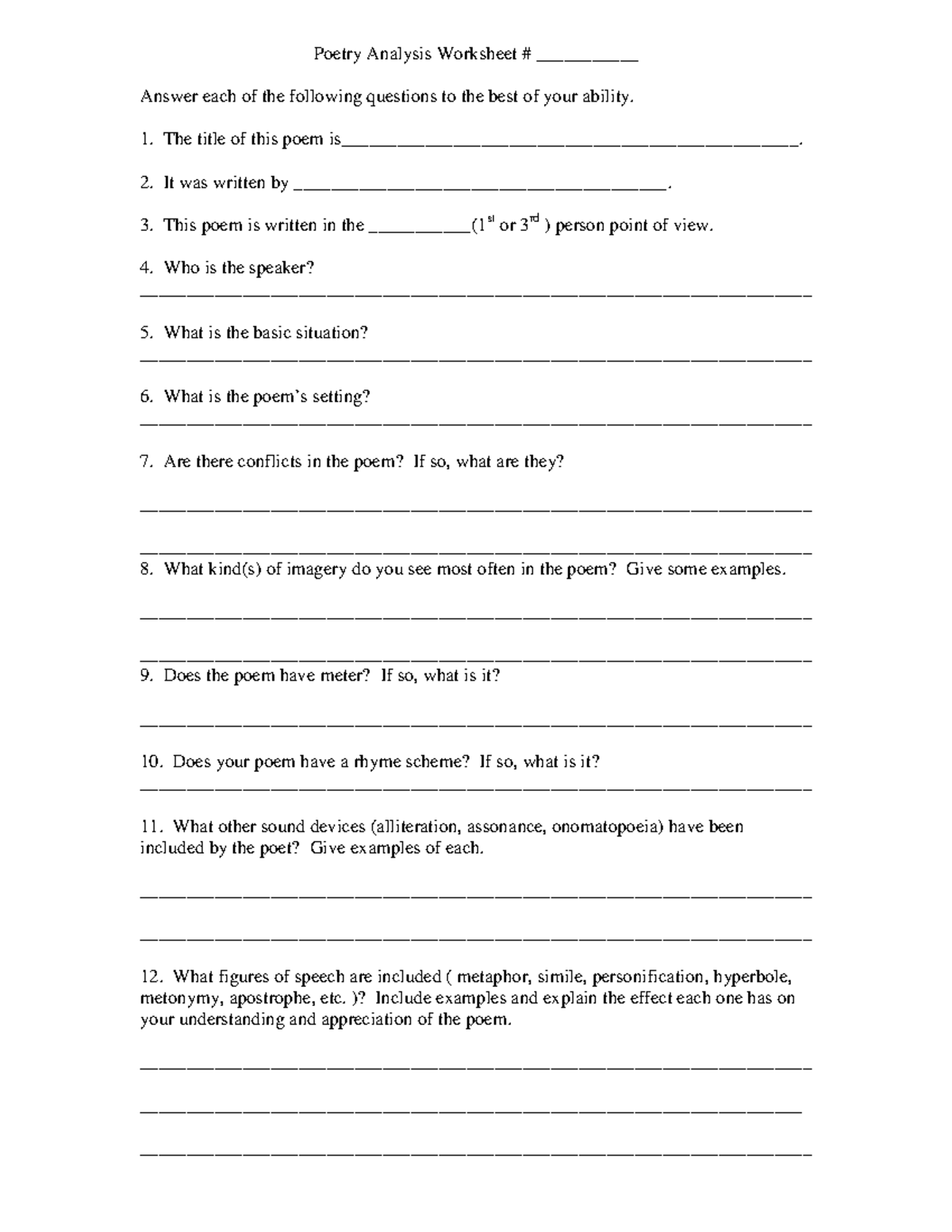 Poetry analysis worksheet 1 - Poetry Analysis Worksheet ...