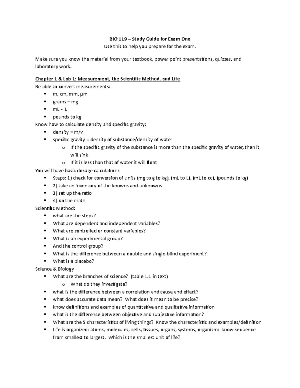 Exam 1 Study Guide - BIO 119 – Study Guide for Exam One Use this to ...