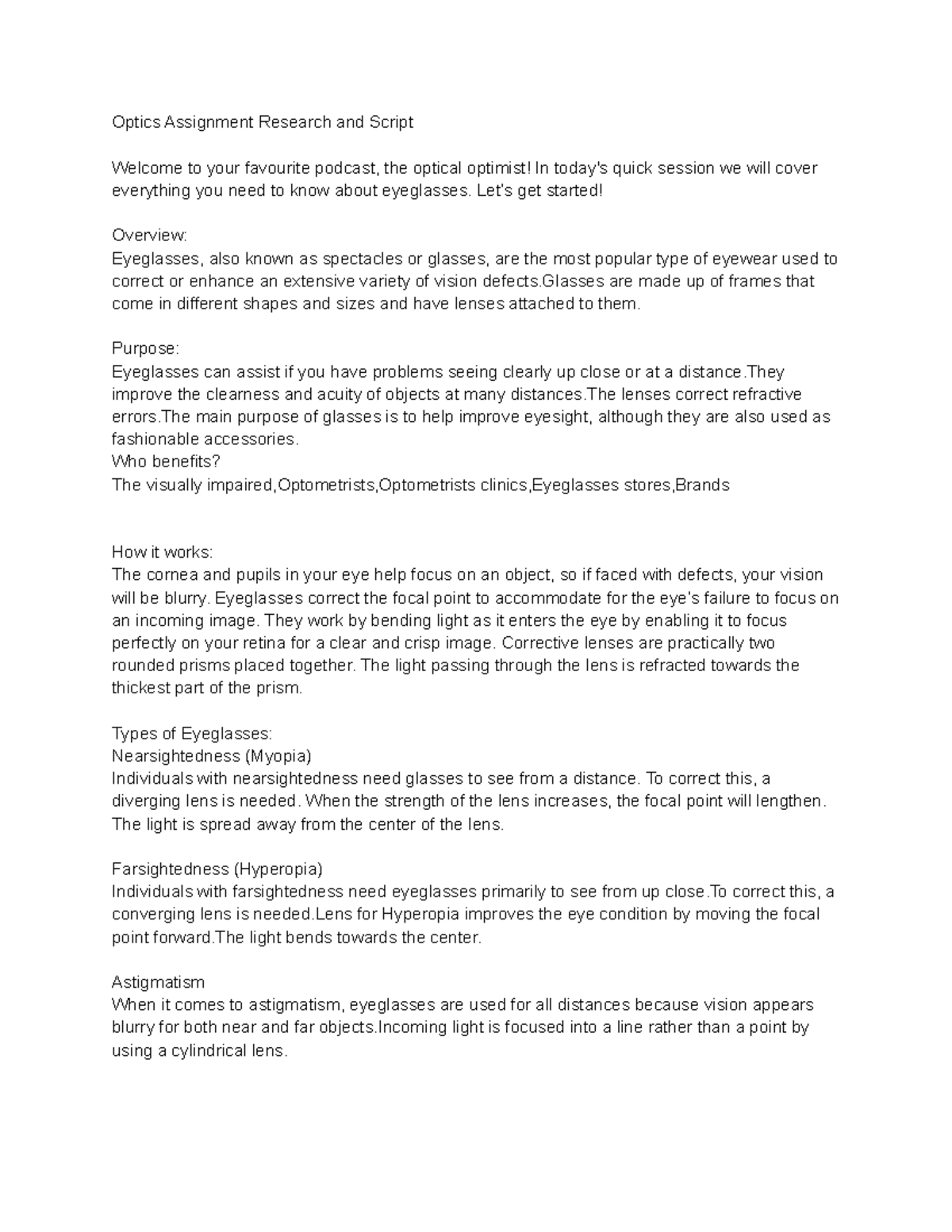 Optics Assignment Research and Script - Let’s get started! Overview ...