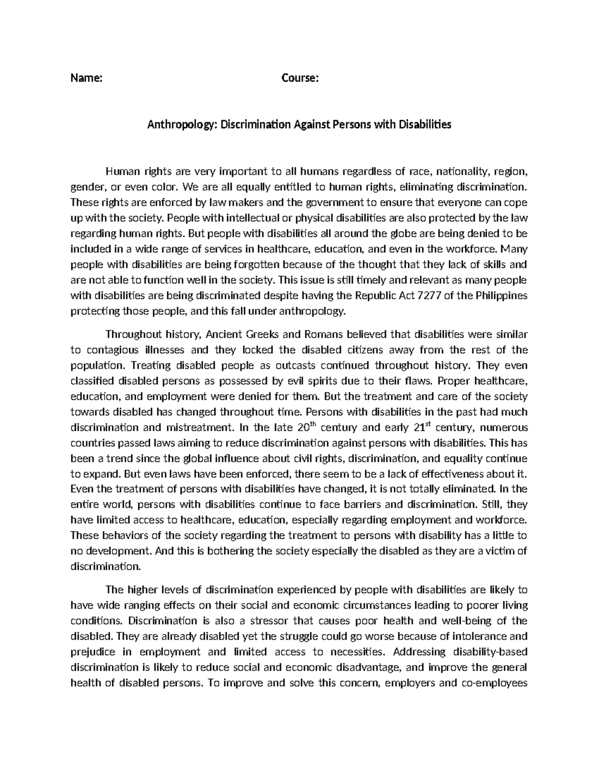 PWD Discrimination - Name: Course: Anthropology: Discrimination Against ...