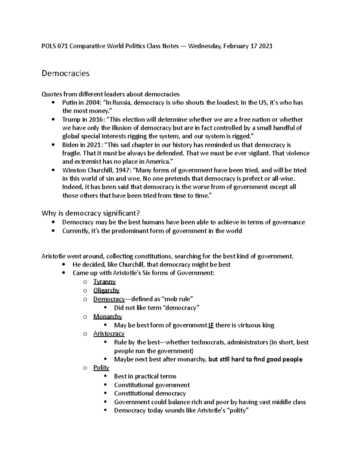 POLS 071 Class Notes-2 15 20 - POLS 071 Comparative World Politics ...