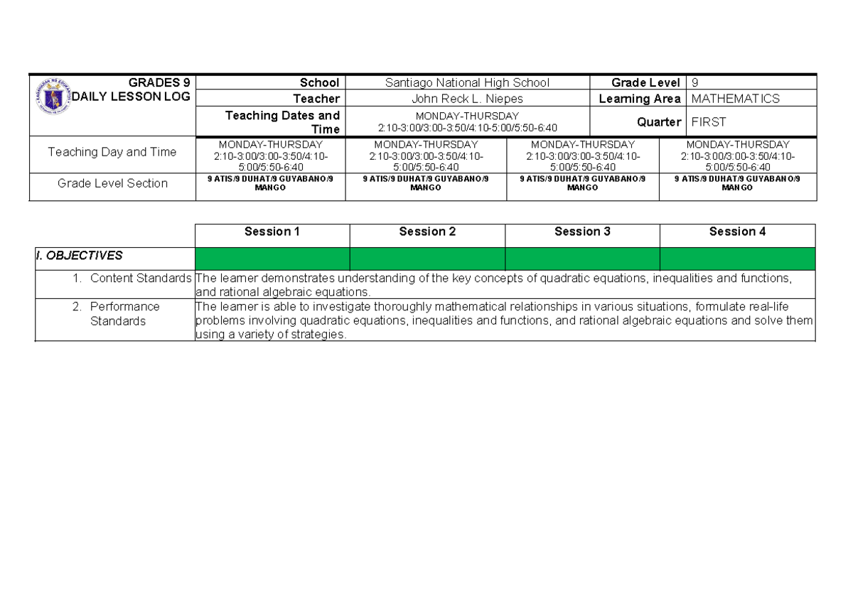 DLL-WK 1-SY1920 - GRADES 9 DAILY LESSON LOG School Santiago National ...