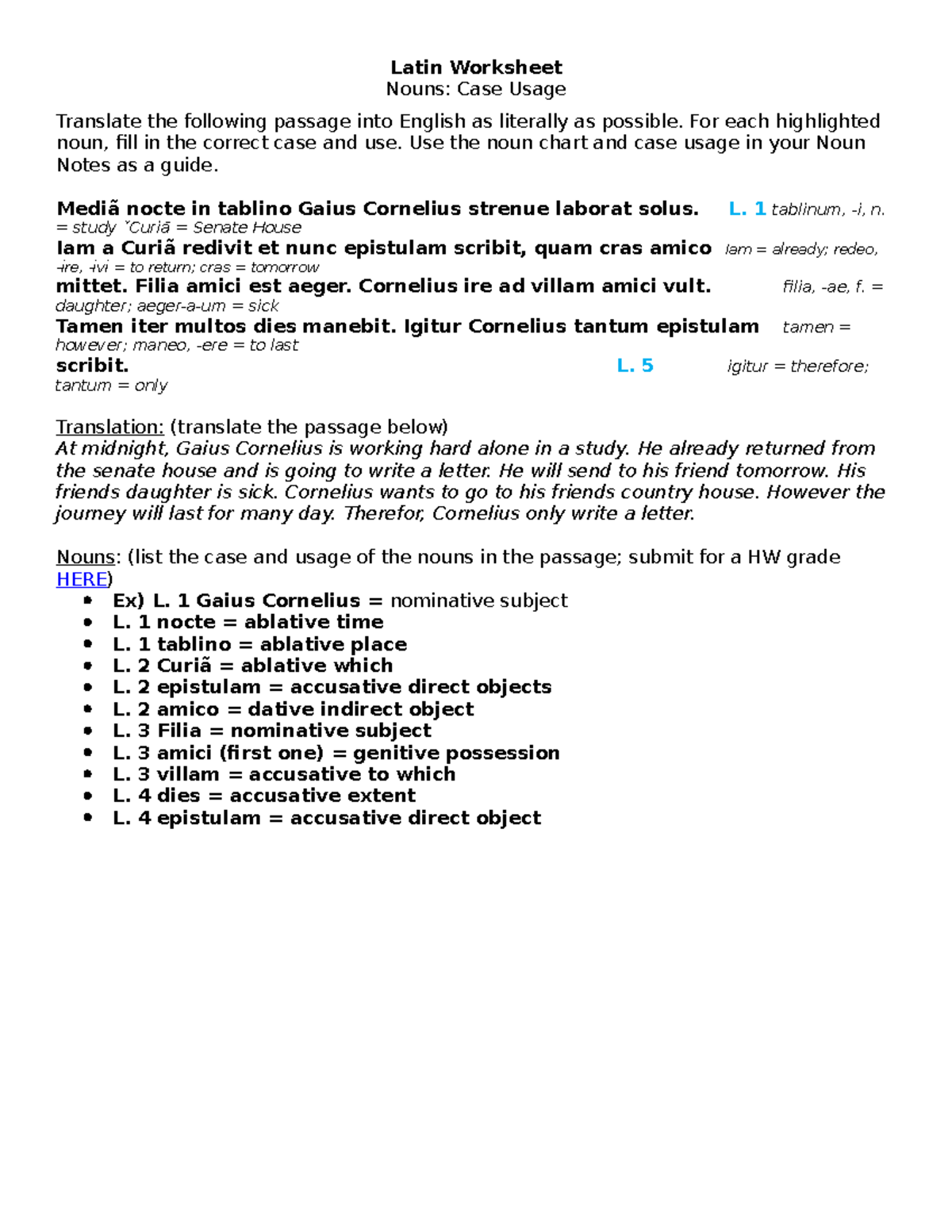 Noun Case Usage Wksht - Latin Worksheet Nouns: Case Usage Translate the ...