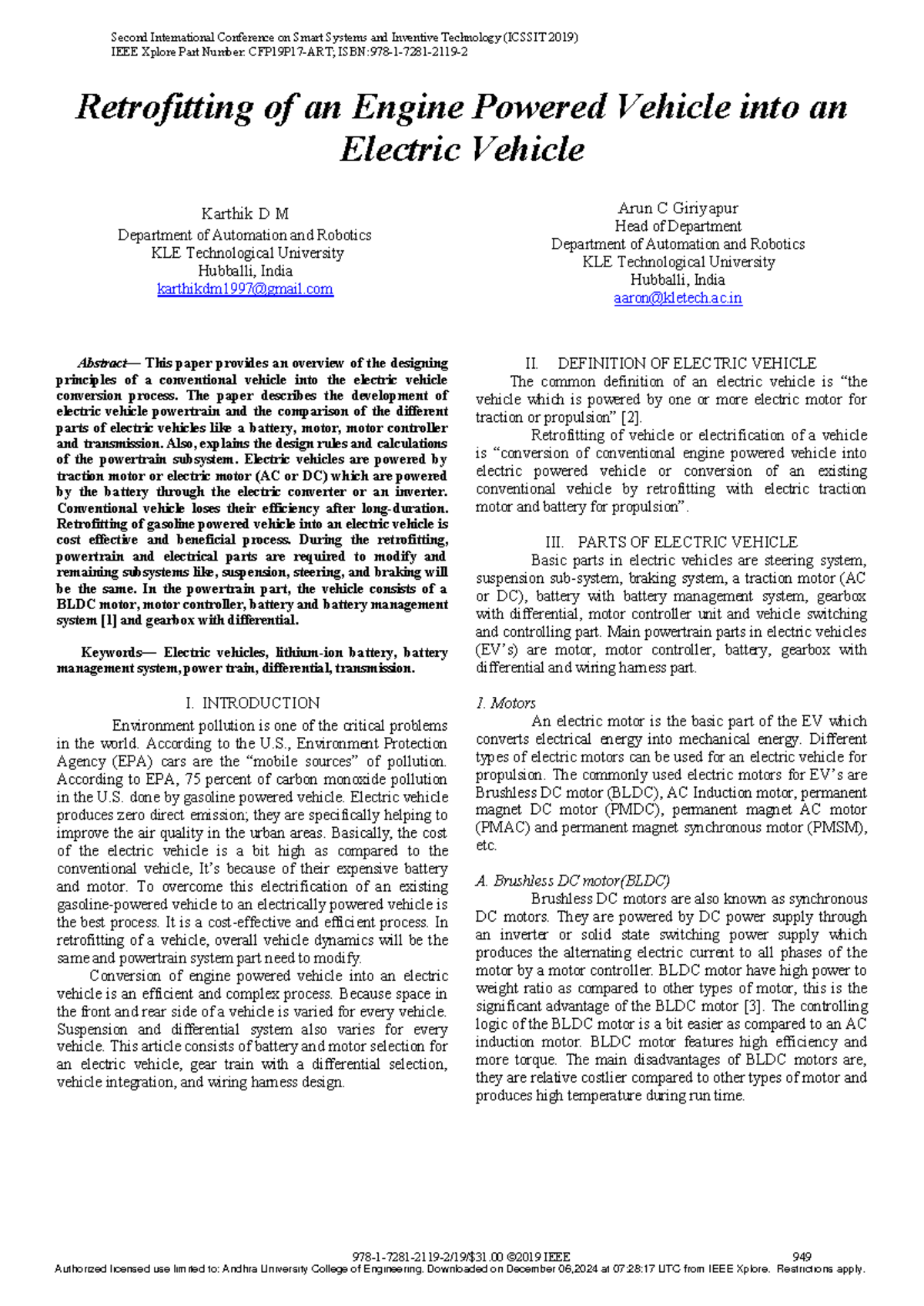 Electric Vehicles - Retrofitting of an Engine Powered Vehicle into an ...