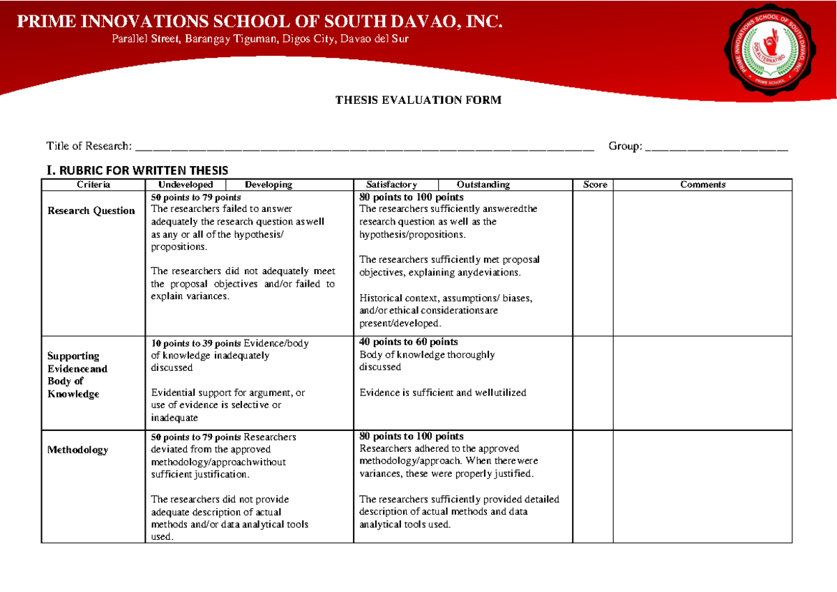 Evaluation Form for Research Defense - THESIS EVALUATION FORM Title of ...