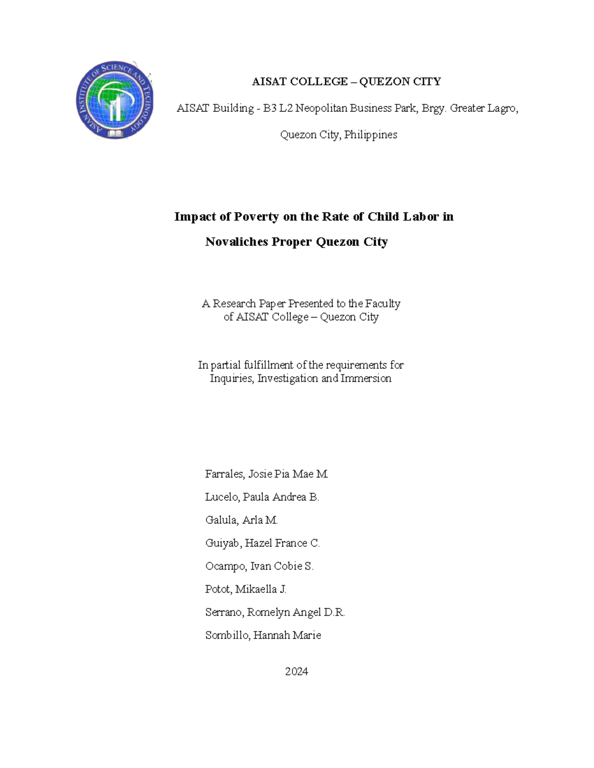 Group-1- Humss - a,jsd - AISAT COLLEGE – QUEZON CITY AISAT Building ...