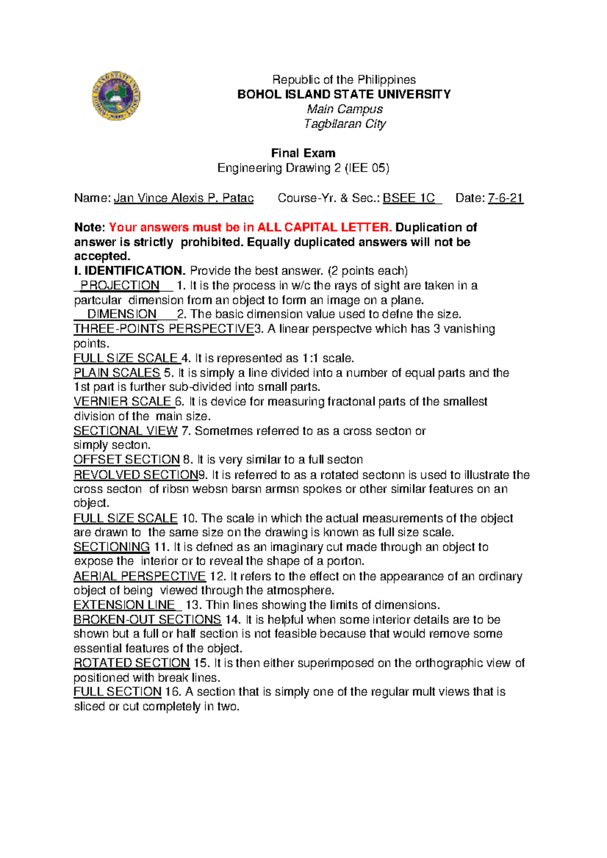 Patac, JAN Vince Alexis- Final EXAM - Republic of the Philippines BOHOL ...