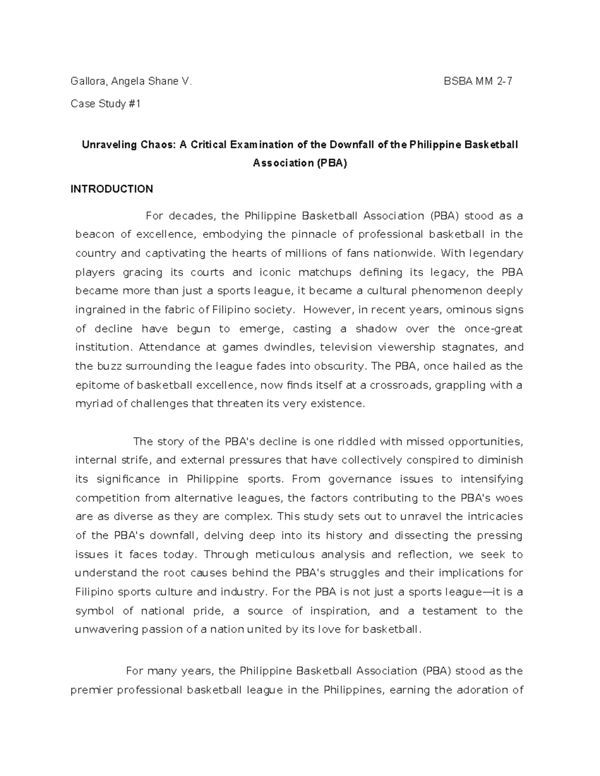 PBA GAME ESSAYS - Gallora, Angela Shane V. BSBA MM 2- Case Study ...