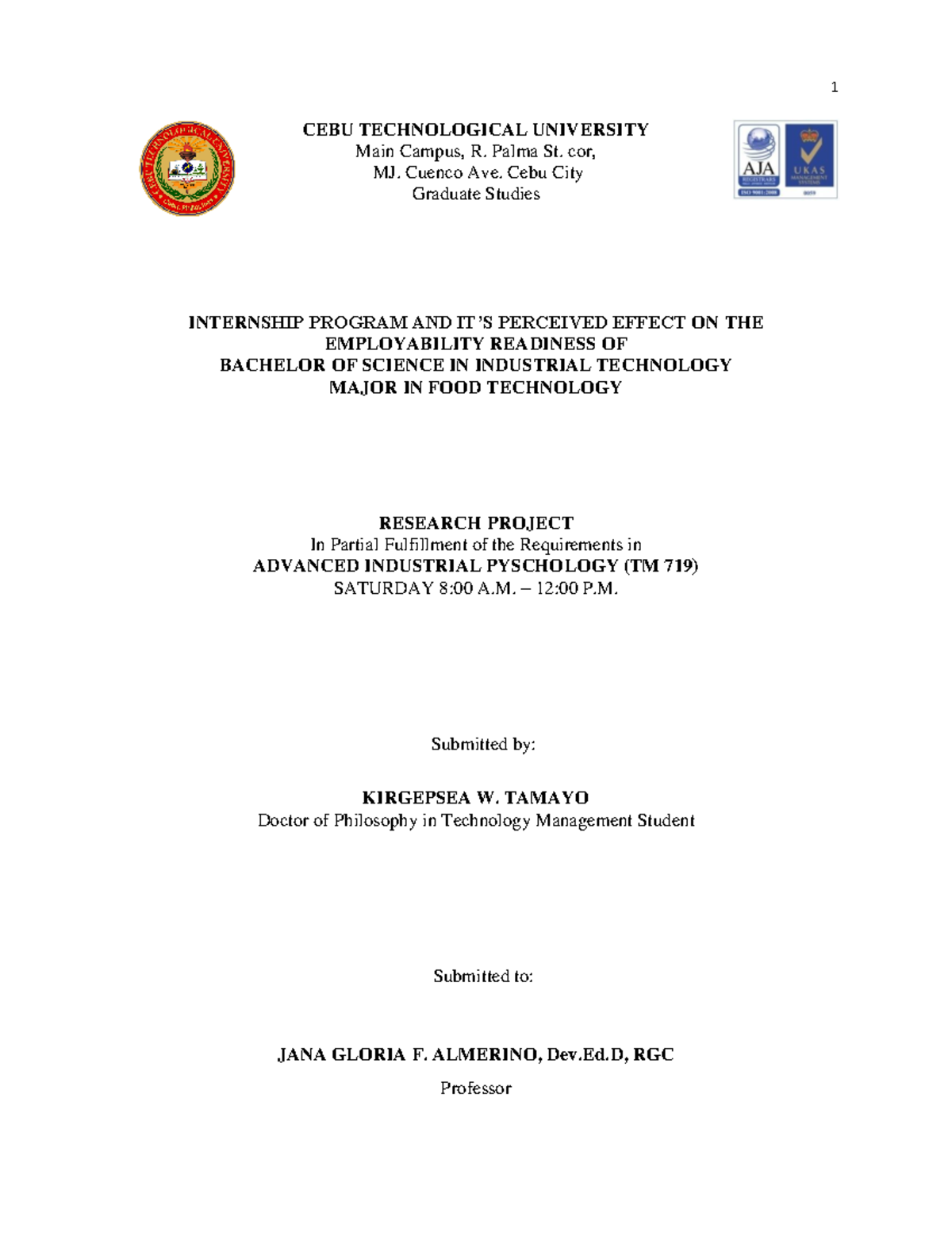 Research Project Output - CEBU TECHNOLOGICAL UNIVERSITY Main Campus, R ...