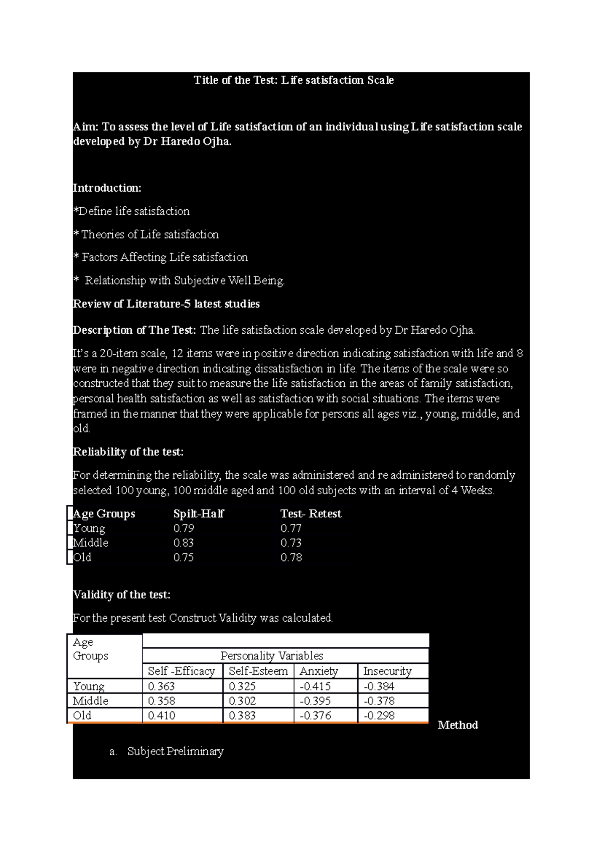 Life Satisfaction Scale - Title of the Test: Life satisfaction Scale ...
