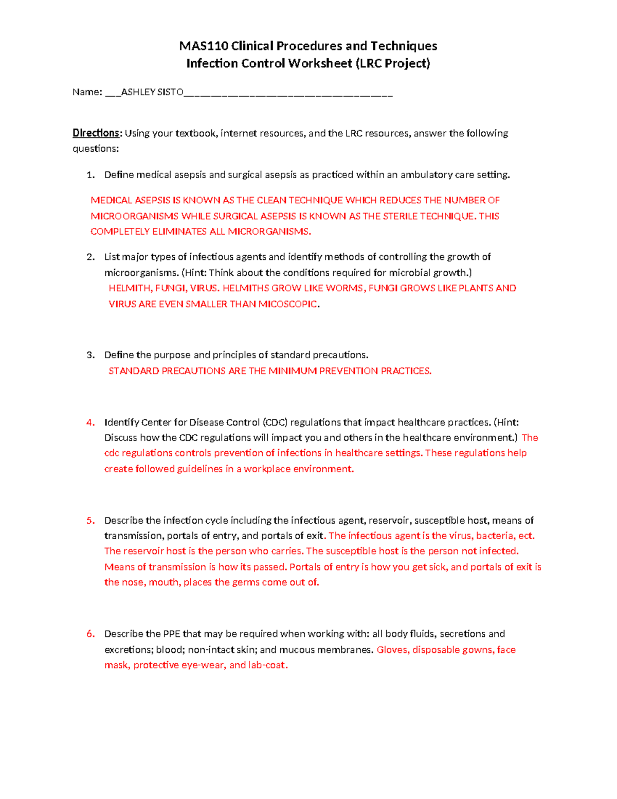 MAS110 Week 1 Infection Control Worksheet - MAS110 Clinical Procedures ...