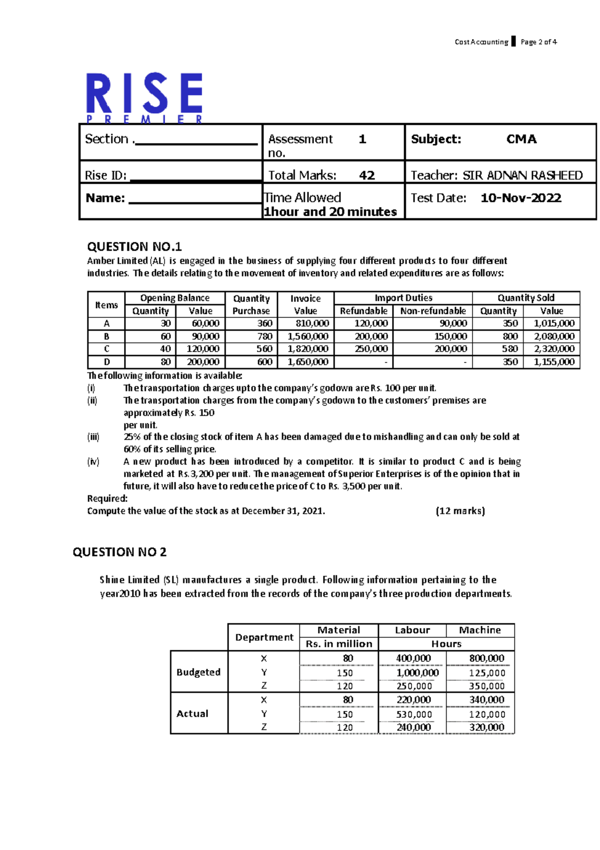 Assesment no 1 CMA Final - Section. Assessment no. 1 Subject: CMA Rise ...