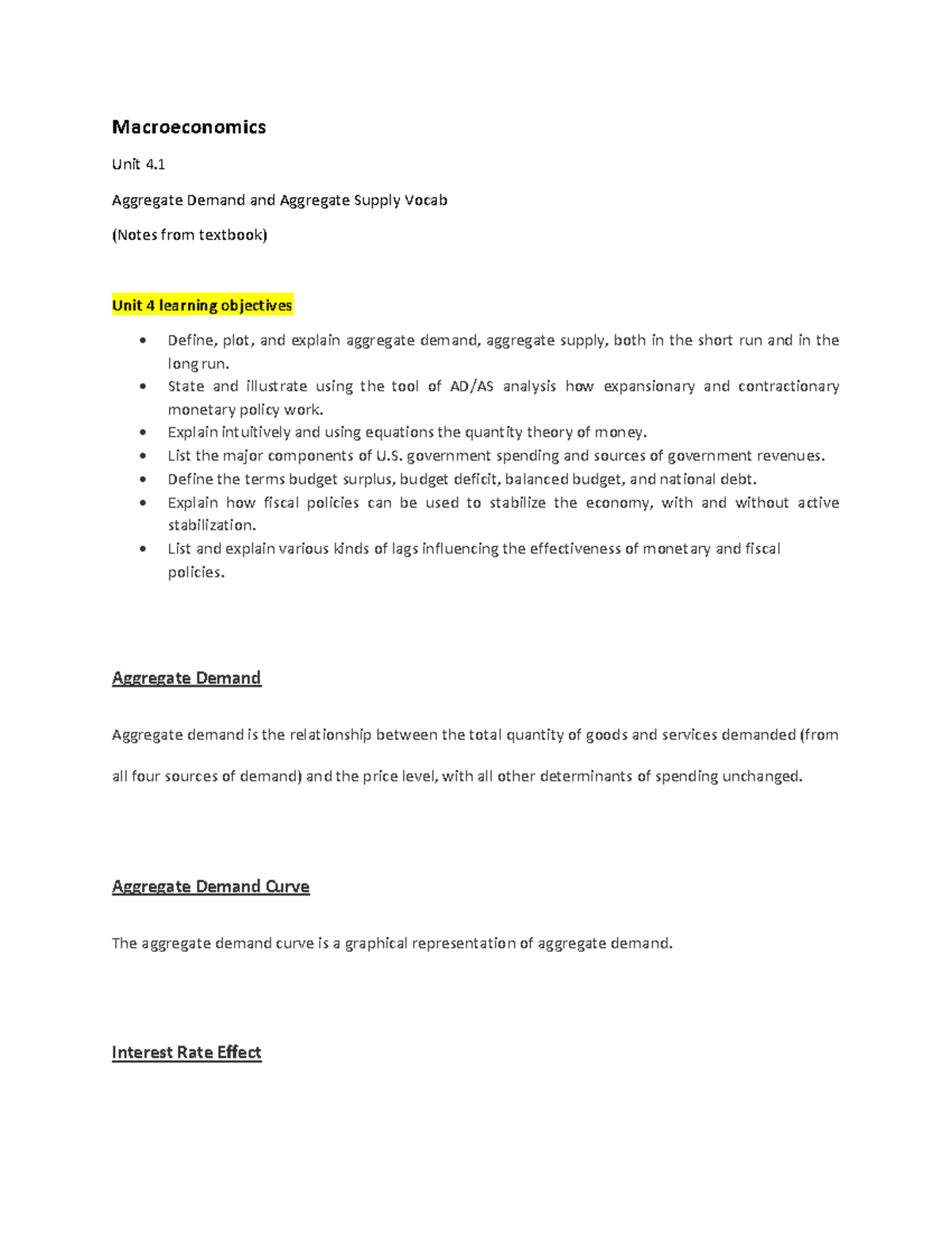 Macro 4.1 Vocab - Macroeconomics Unit 4. Aggregate Demand and Aggregate ...