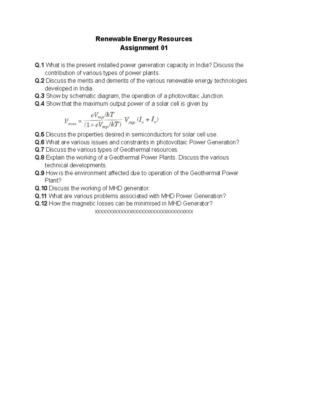 Assignment 1 - Renewable Energy Resources Assignment 01 Q What is the ...