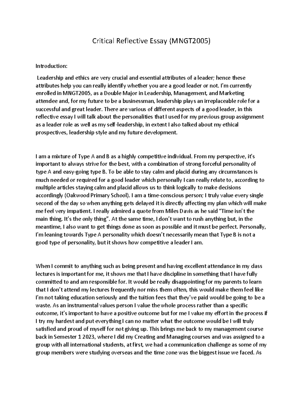 Critical Reflective Essay - I’m currently enrolled in MNGT2005, as a ...