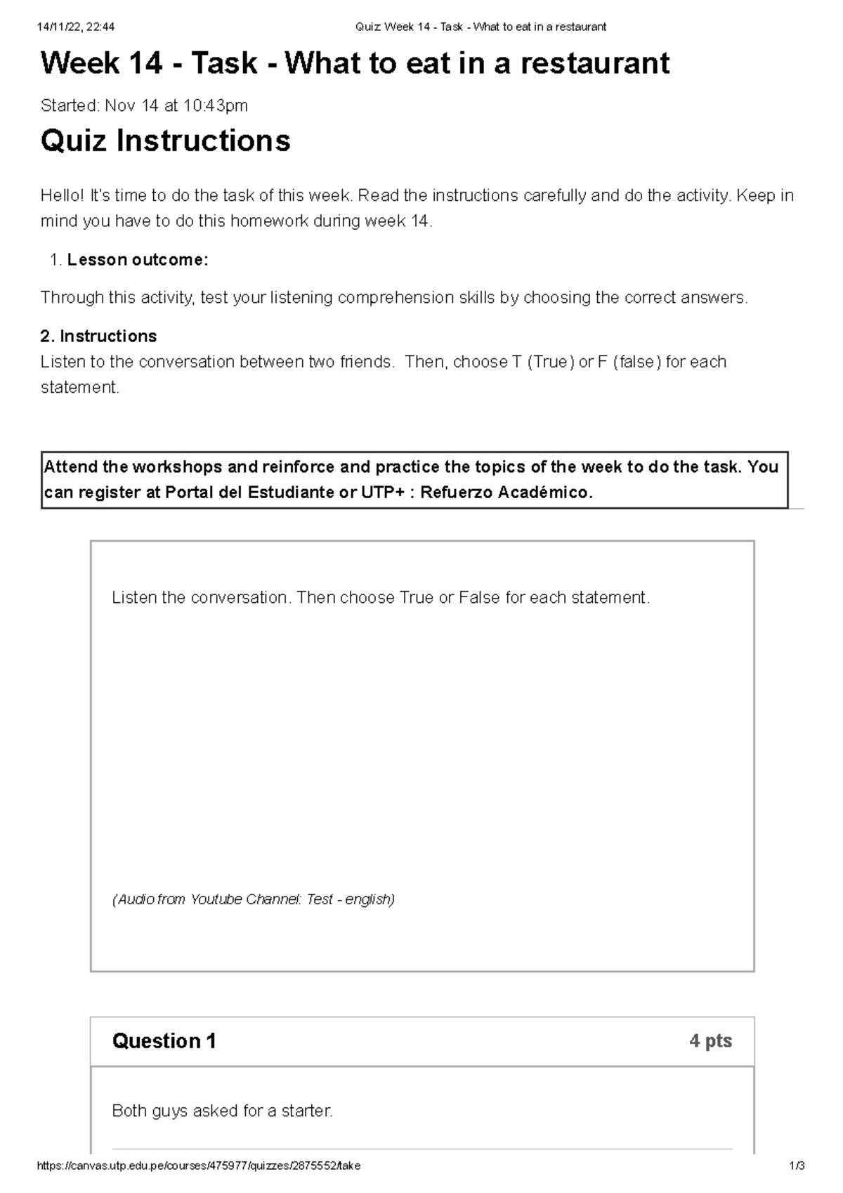 Quiz Week 14 - Task - What to eat in a restaurant - 14/11/22, 22:44 ...