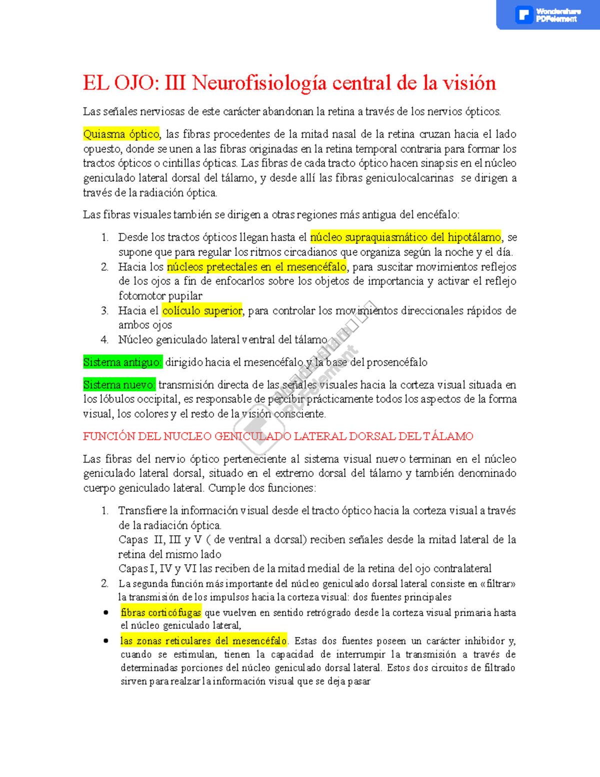 Ojo pdf - resumen del ojo - EL OJO: III Neurofisiología central de la visión Las señales ...