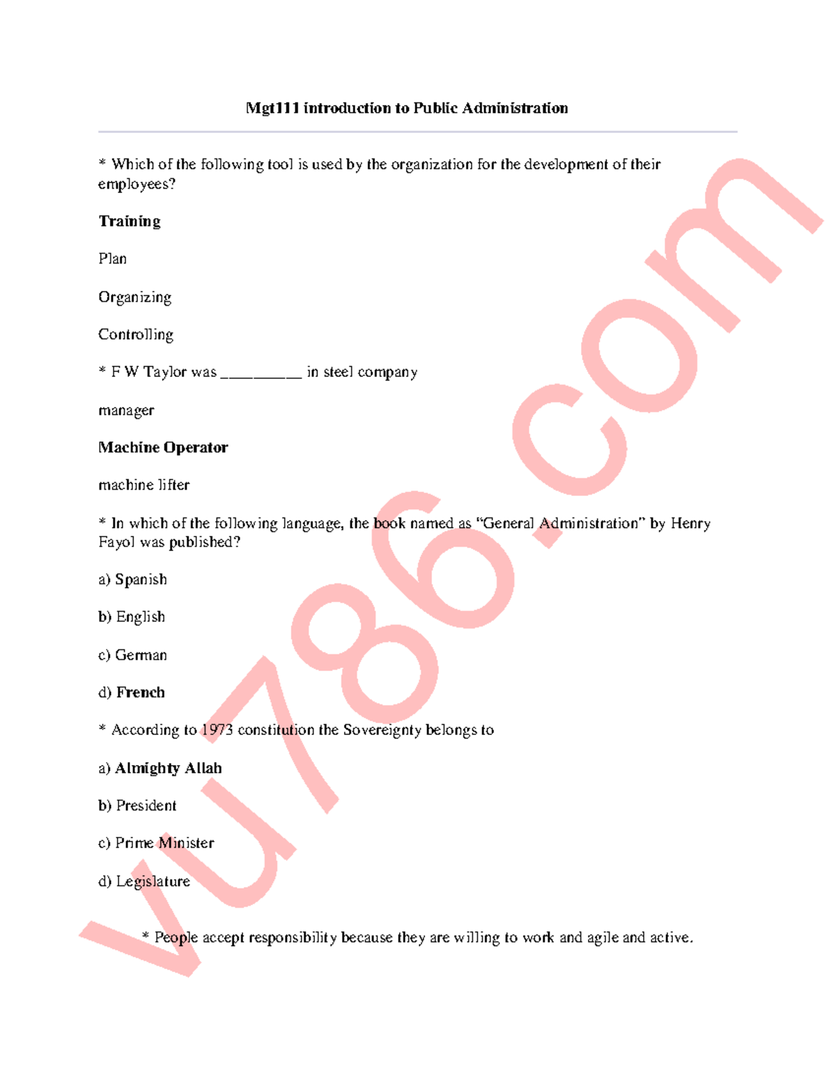 Mgt111 quizz 1 www - Good to learn - Mgt111 introduction to Public Administration Which of the ...