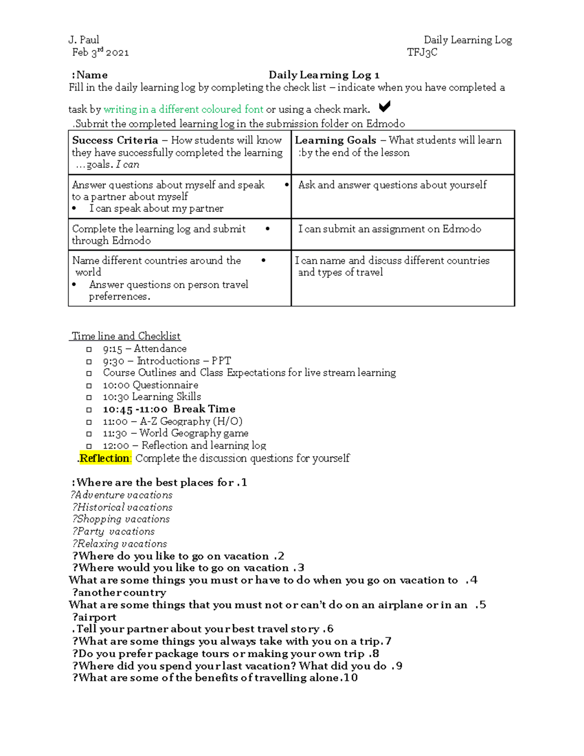 HT Learning Log 1 Feb 3 - J. Paul Daily Learning Log Feb 3rd 2021 TFJ3C ...