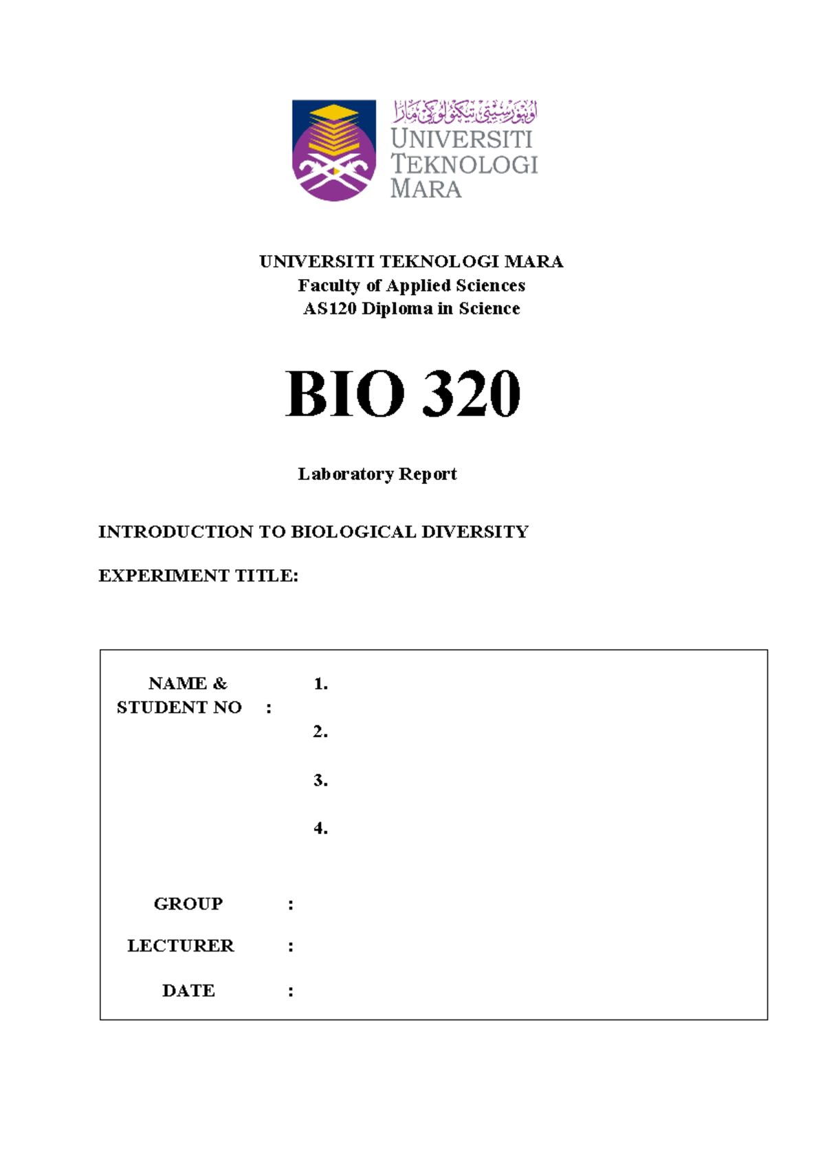 BIO320 Front Cover PAGE - Introduction To Biological Diversity ...