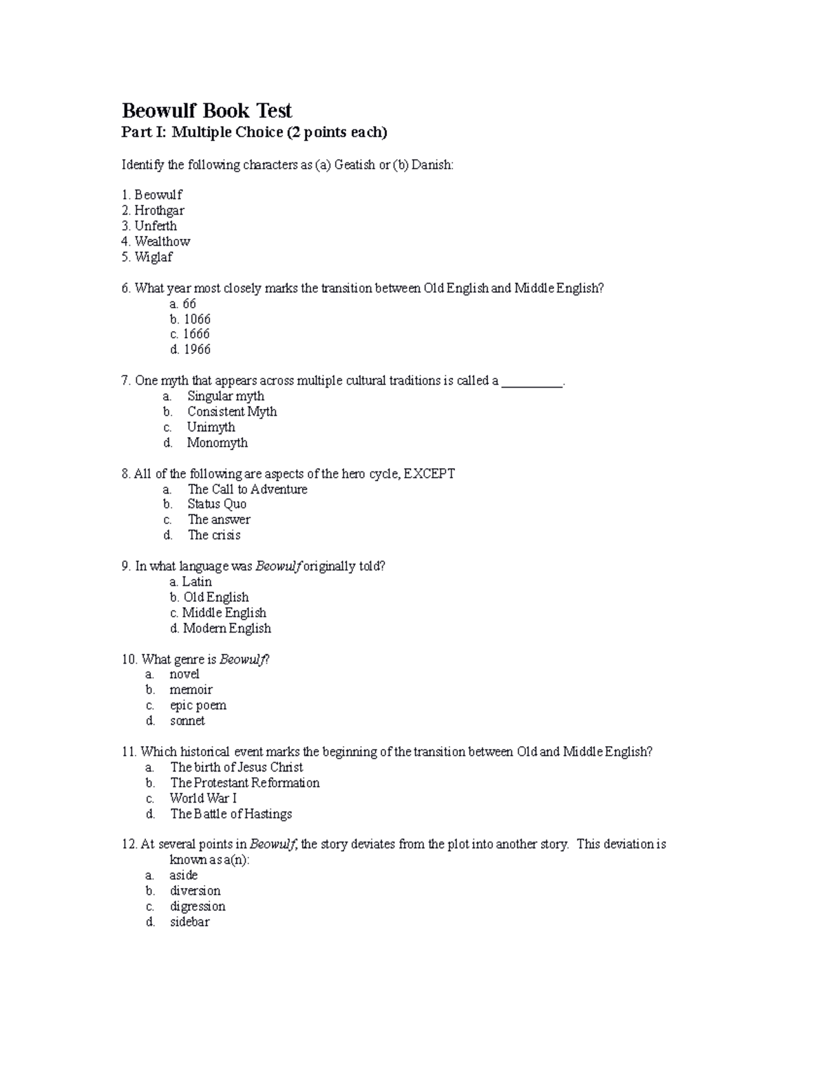 Beowulf Reading Test-1 - Beowulf Book Test Part I: Multiple Choice (2 ...